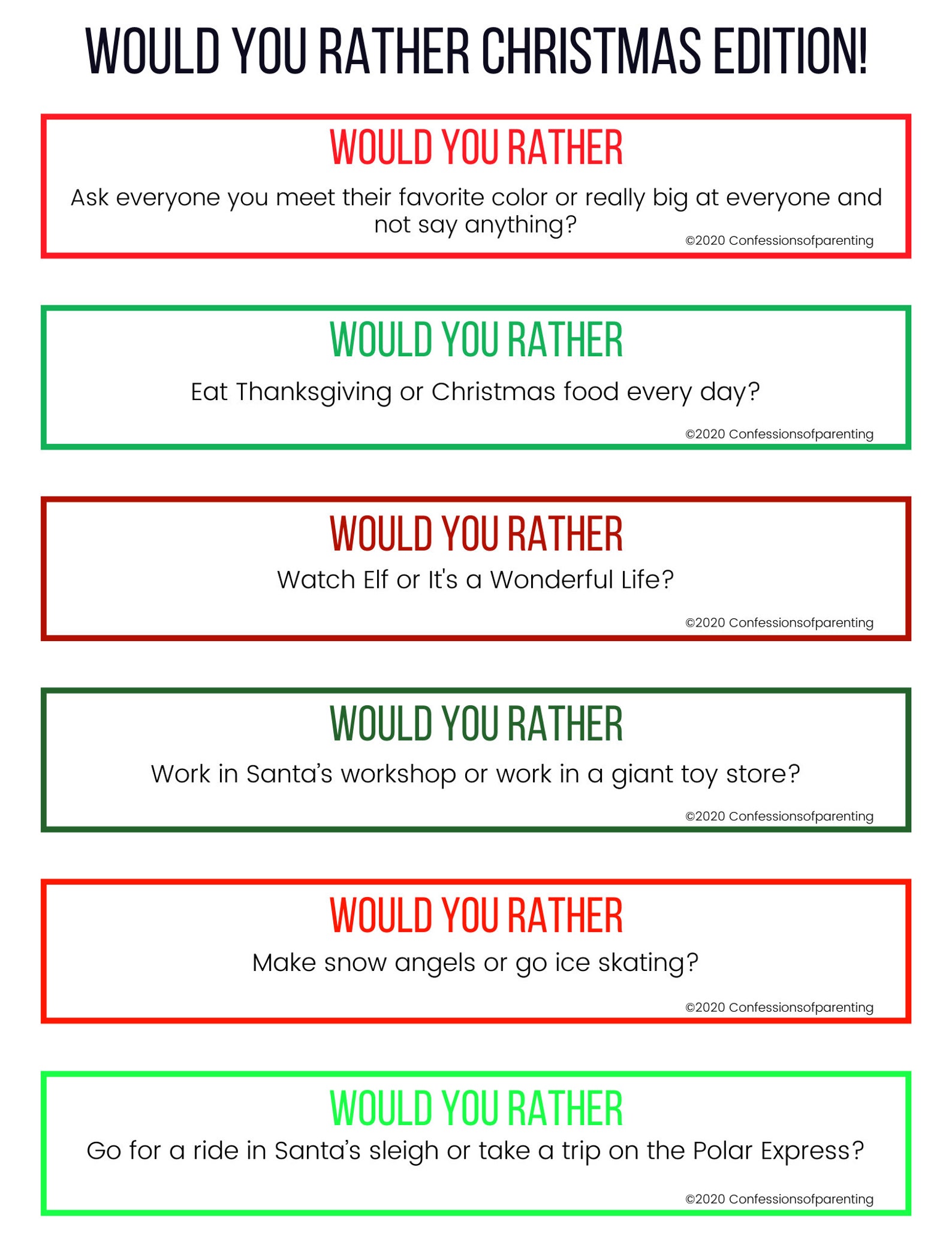 101 Christmas Would You Rather Questions | Printable Christmas Game ...