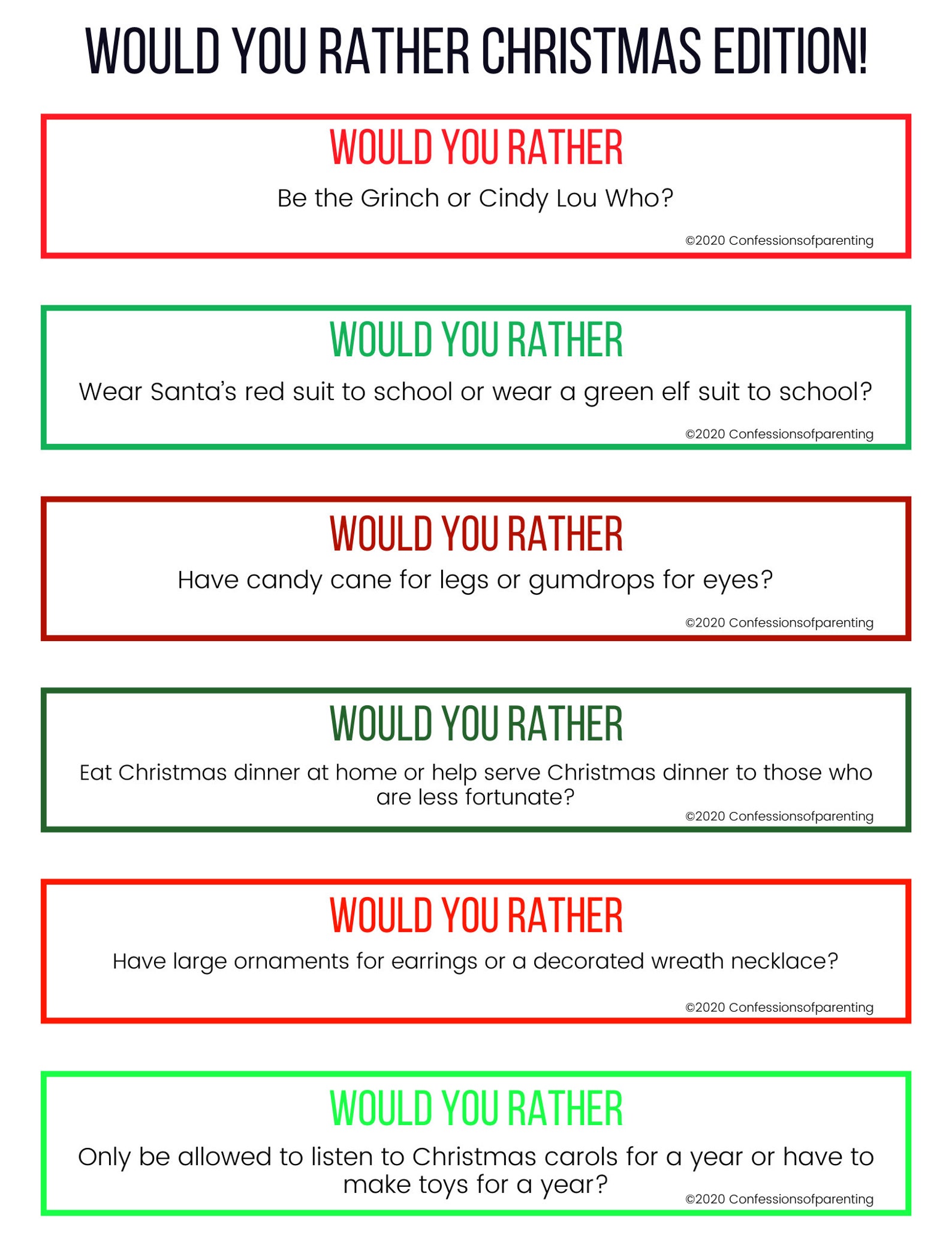 101 Christmas Would You Rather Questions | Printable Christmas Game ...