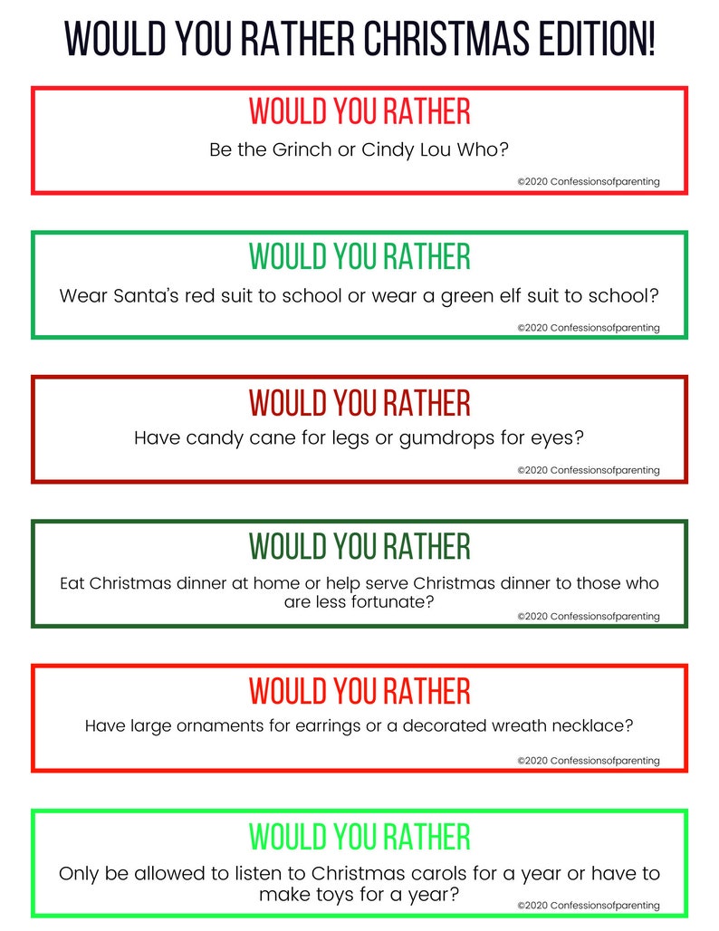 101 Christmas Would You Rather Questions | Printable Christmas Game ...