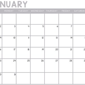 Black and White Calendar Horizontal Calendar Monthly Calendar Printable ...