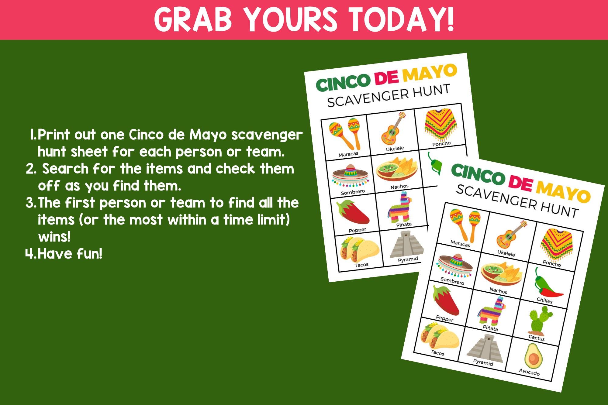Cinco De Mayo Scavenger Hunt Game | Printable Cinco De Mayo Scavenger ...