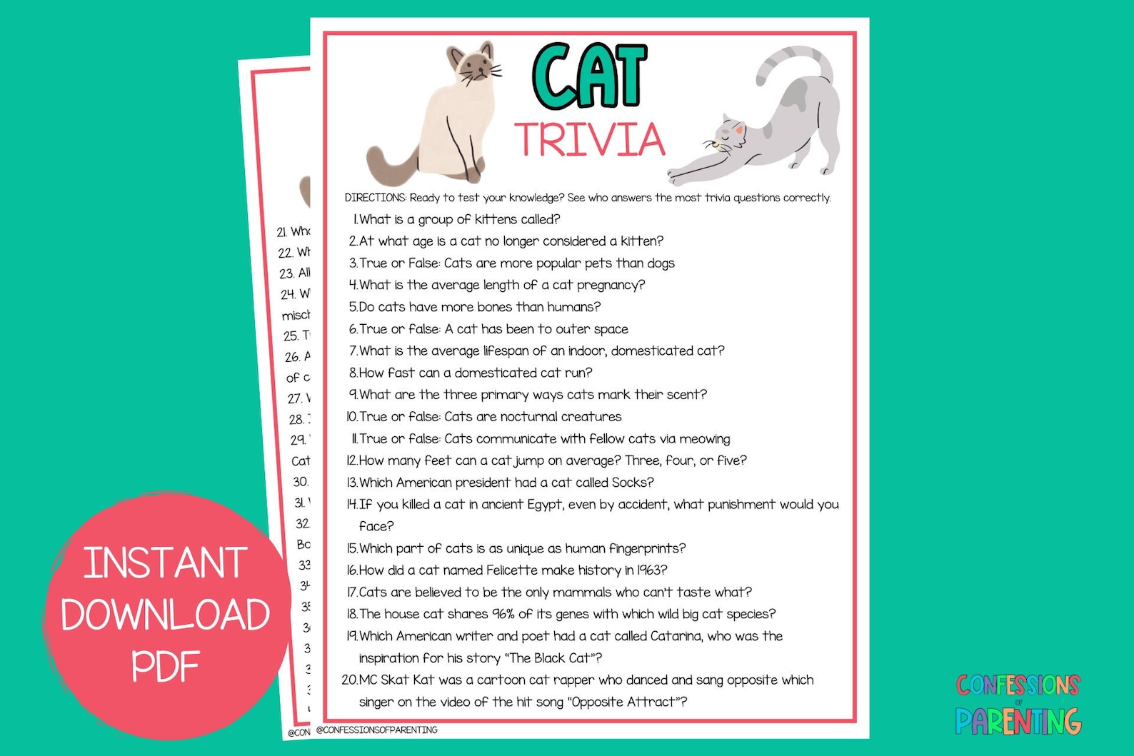 Cat Trivia Trivia for Classroom Printable Trivia Fun Trivia for Kids ...