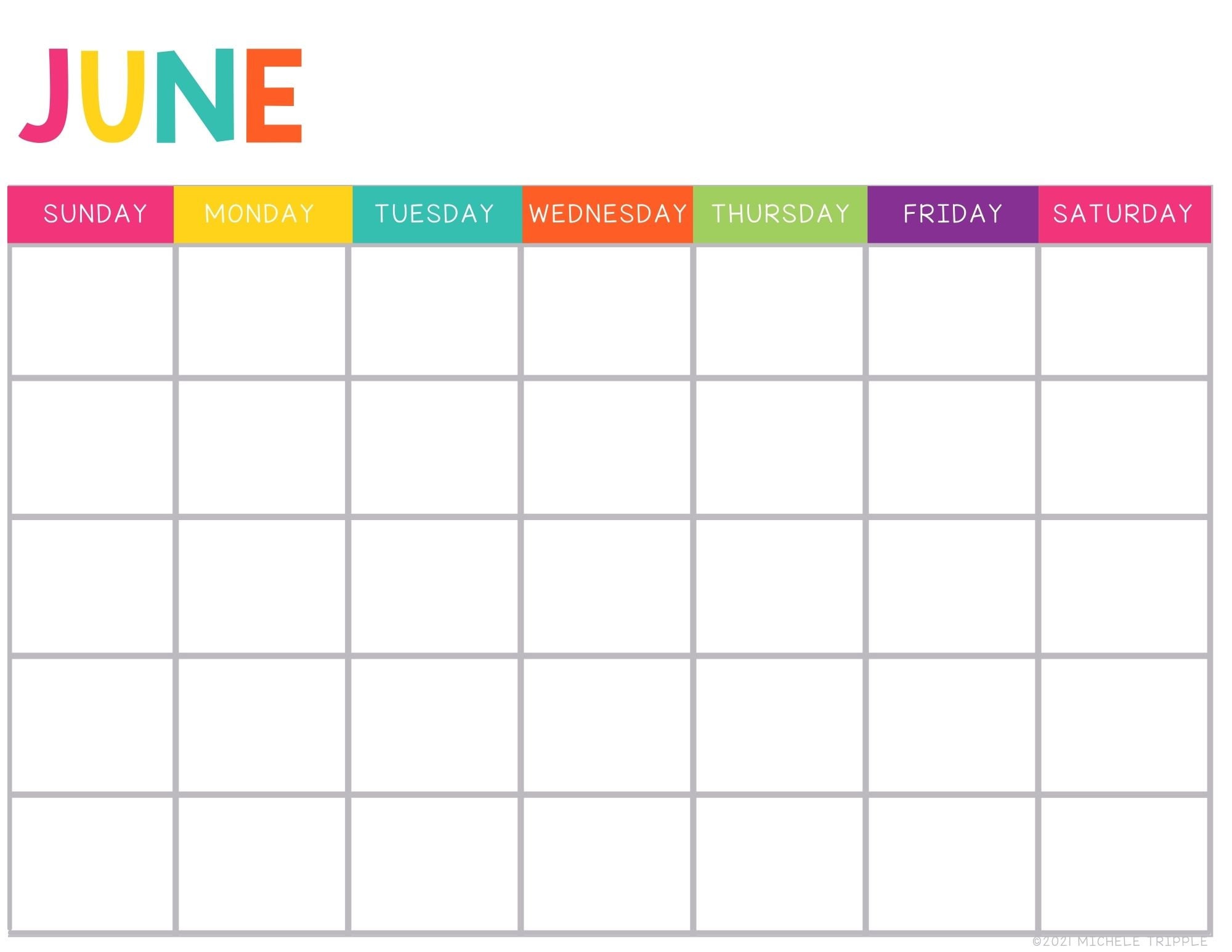 Multi-colored Calendar Template | Printable Monthly Calendar | Undated ...