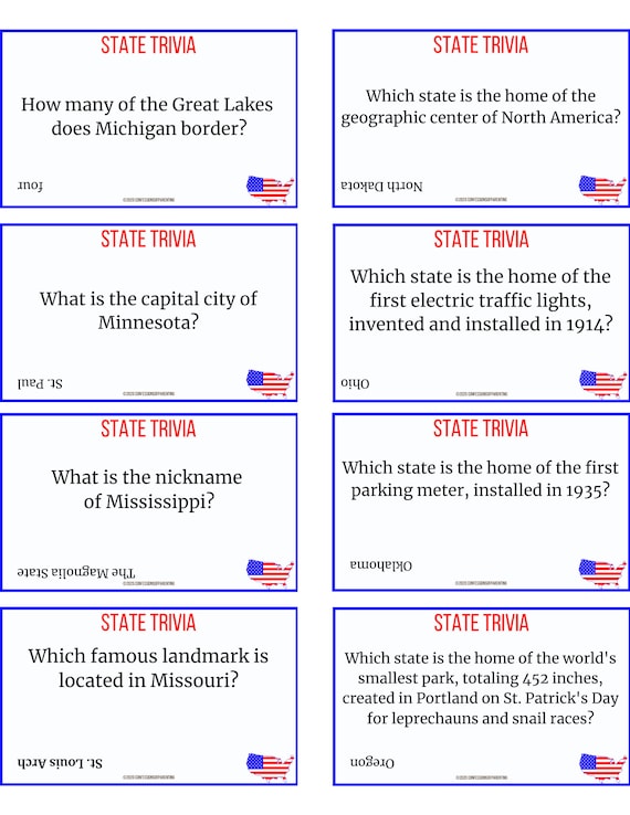 Printable United States Trivia 50 U.S. States Trivia Game Escape
