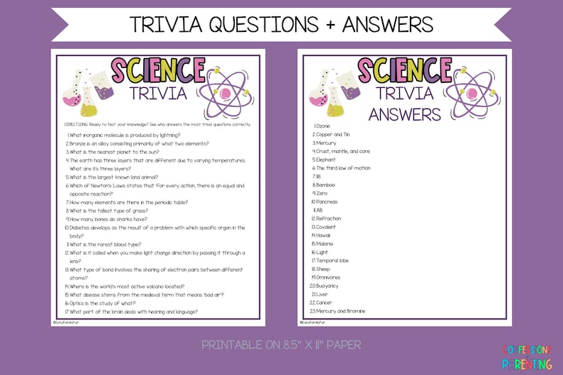 Science Trivia Printable Trivia for Kids Classroom Trivia Games for ...