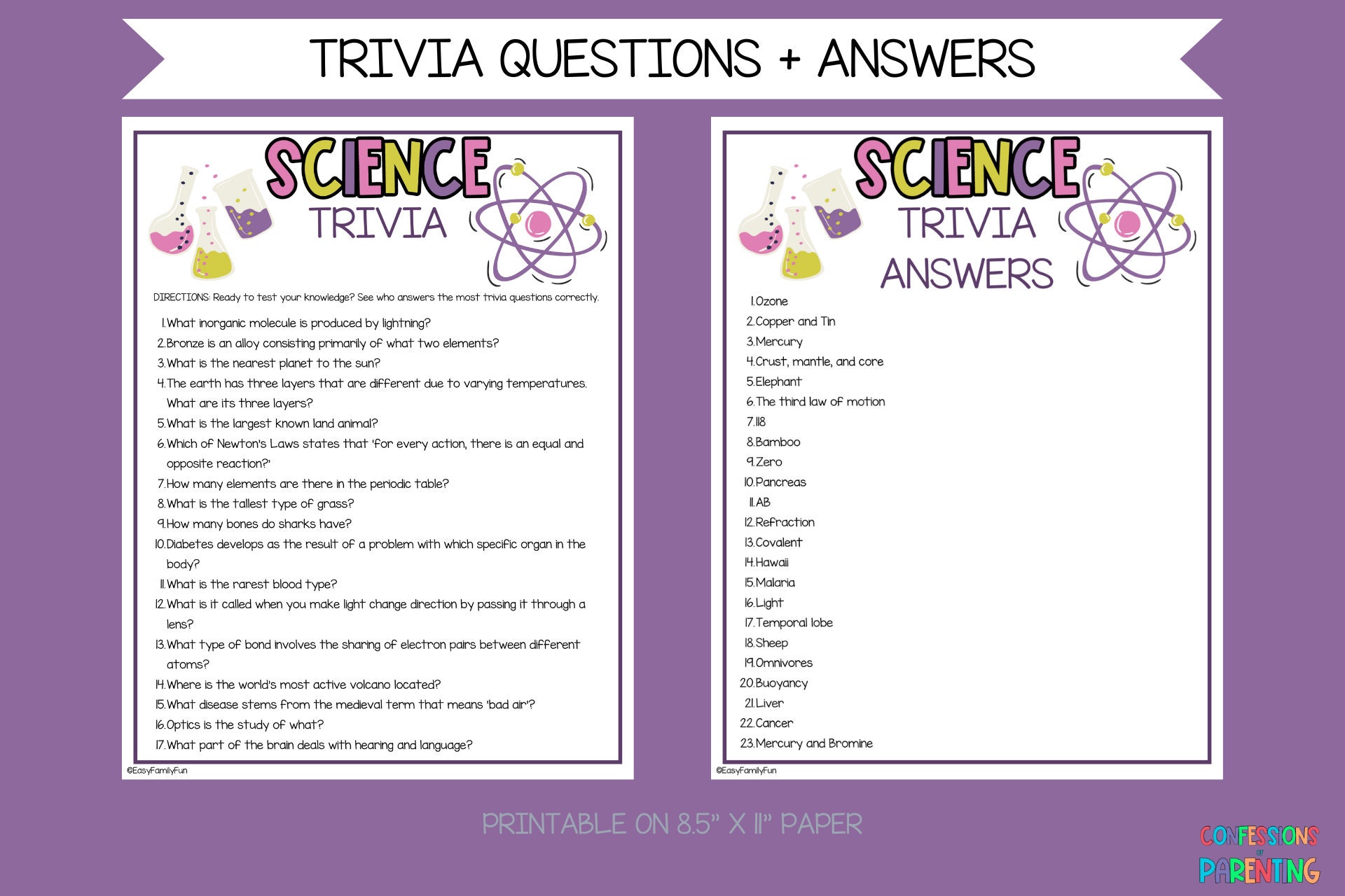 Science Trivia Printable Trivia for Kids Classroom Trivia Games for ...