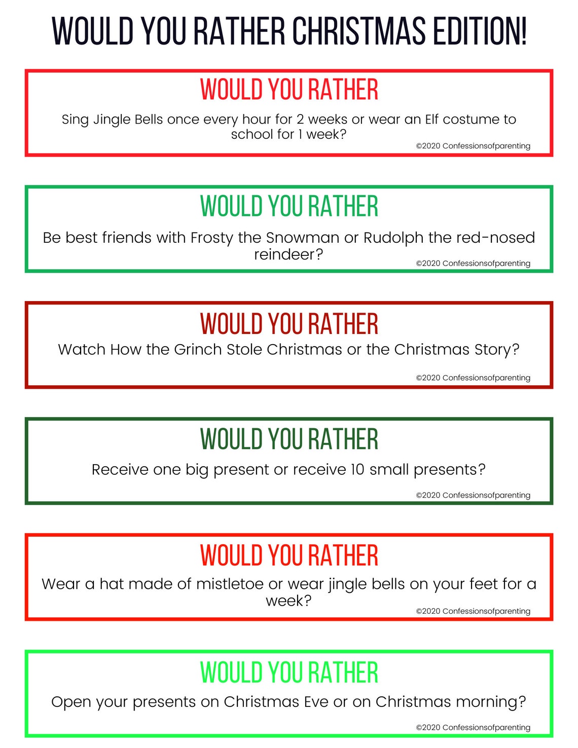 101 Christmas Would You Rather Questions | Printable Christmas Game ...