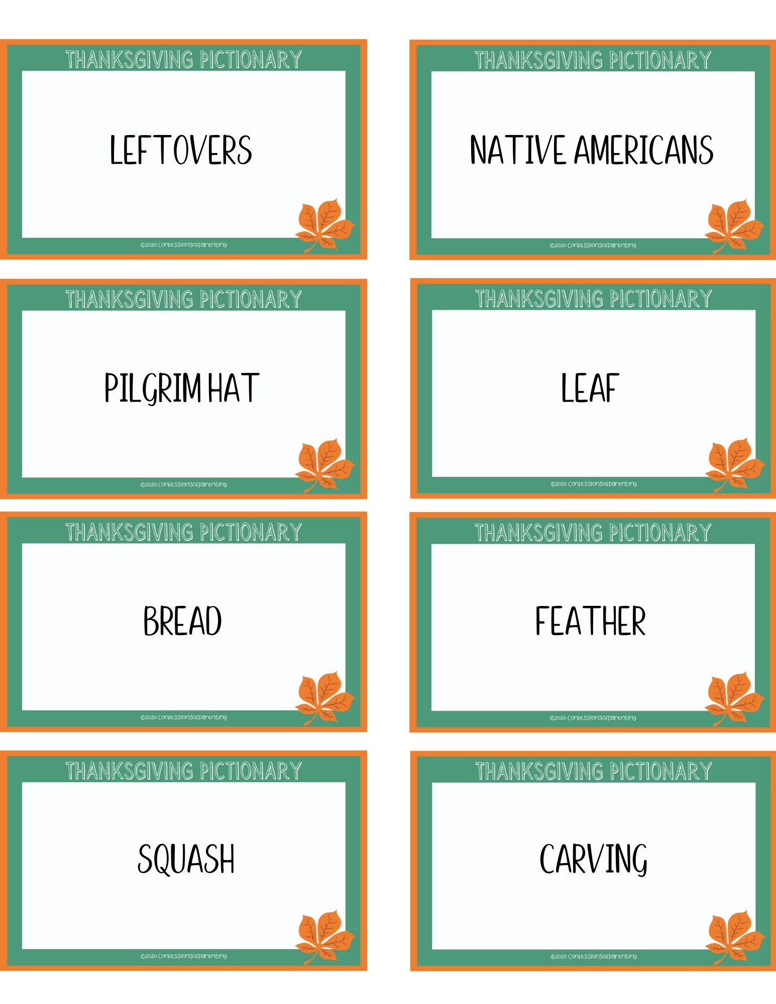48 Thanksgiving Pictionary | Printable Thanksgiving Pictionary ...
