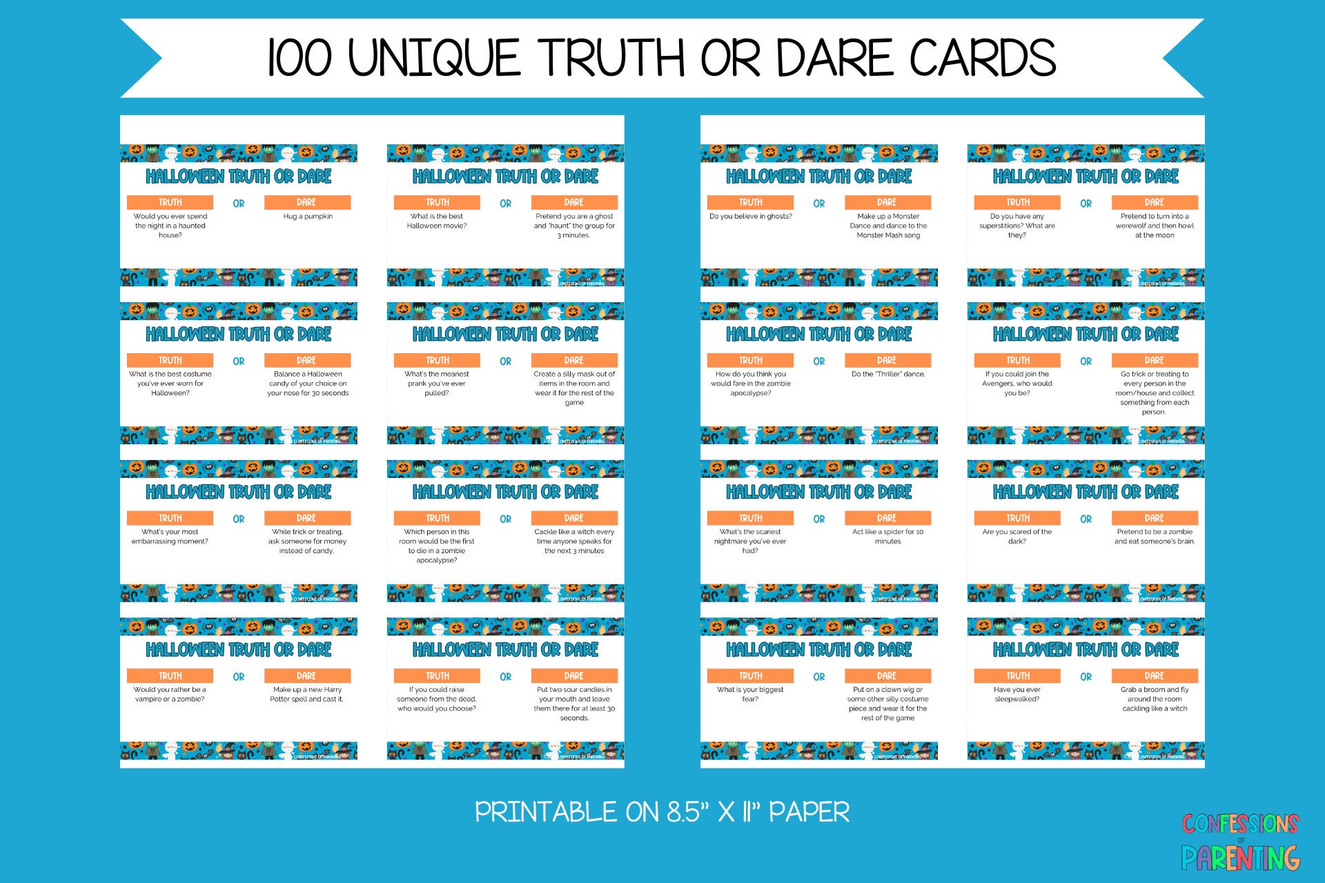 Halloween Truth or Dare Printable Truth or Dare Cards Truth or Dare for ...