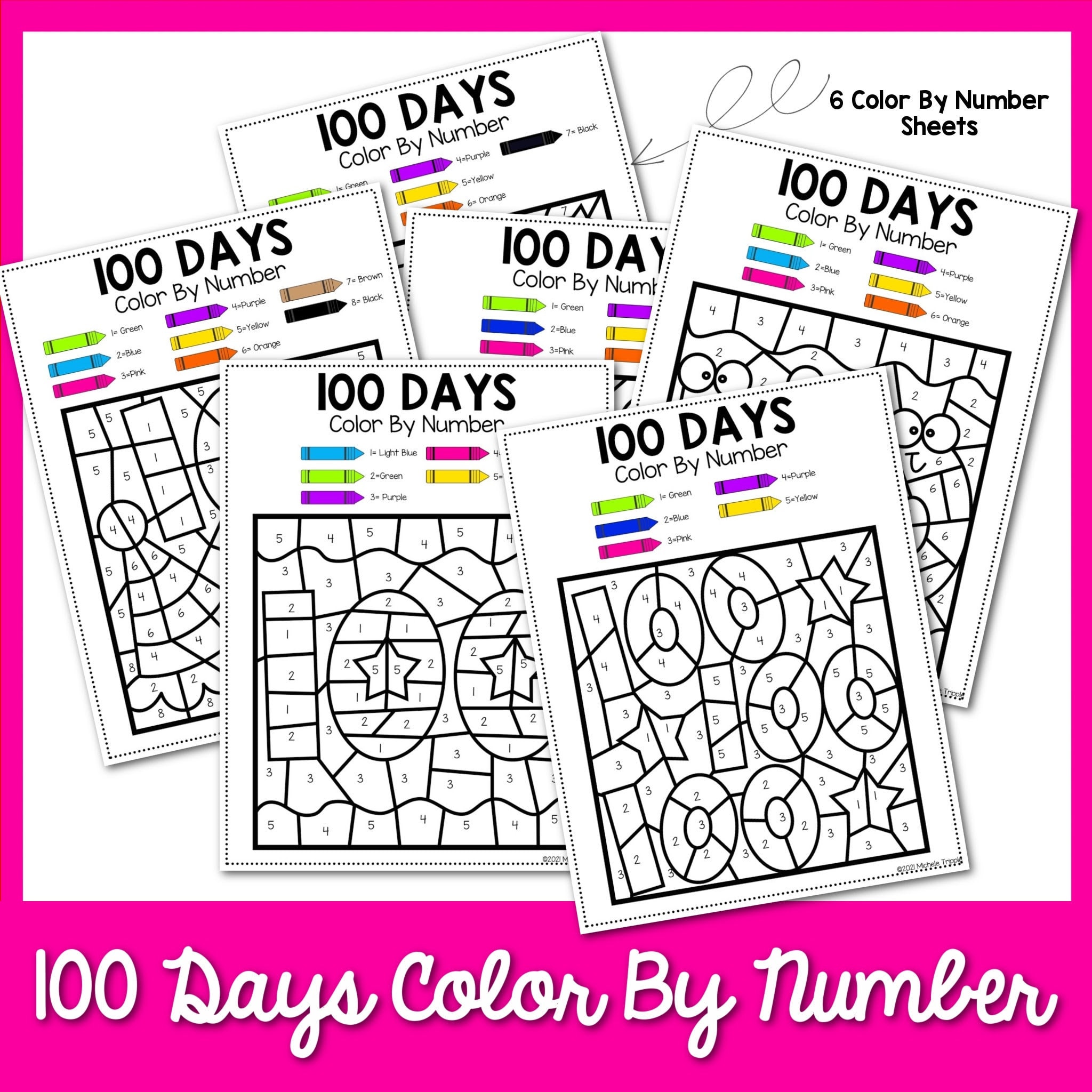 100 Days of School Color by Number, Coloring Guide for Kids, Coloring ...