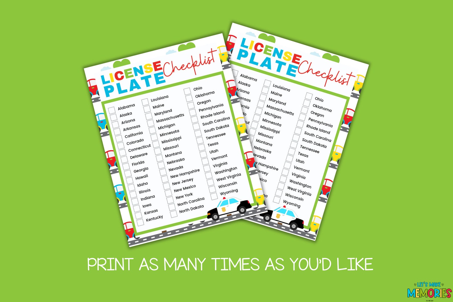 License Plate Checklist Road Trip Games State License Plate Game Kids ...
