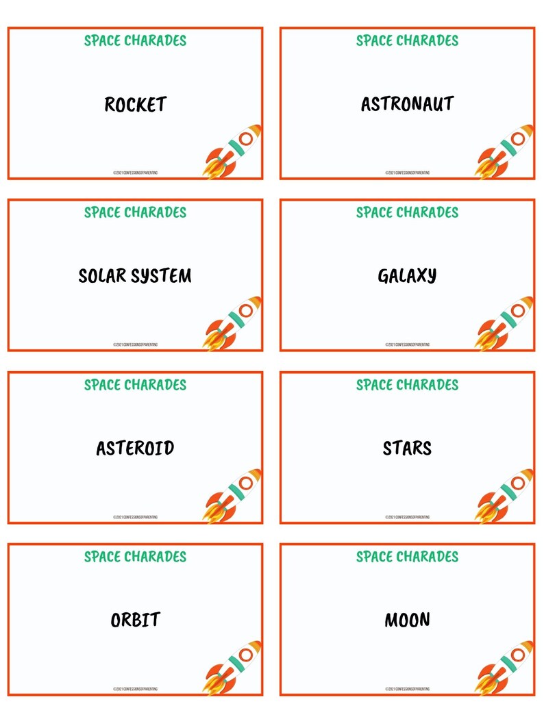 90 Space Charades | Printable Space Charade | Space-themed Charades ...