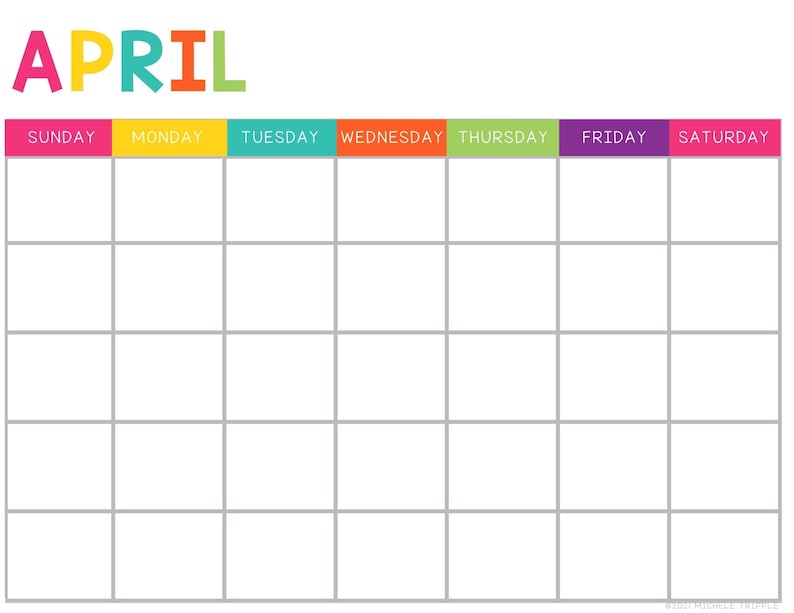 Multi-colored Calendar Template | Printable Monthly Calendar | Undated ...
