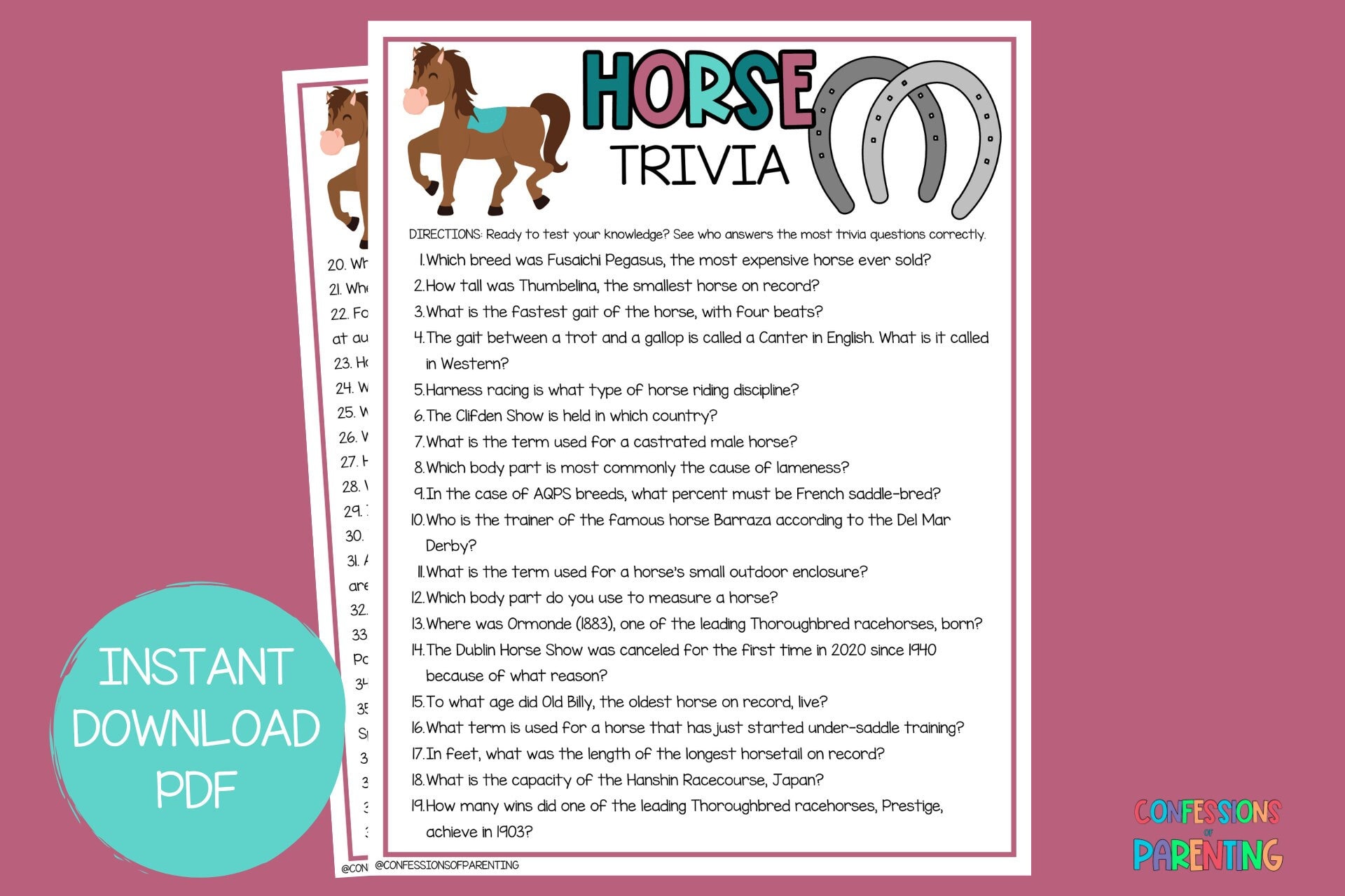 Horse Trivia Trivia for Kids Horse Unit Study Science Trivia Trivia in ...