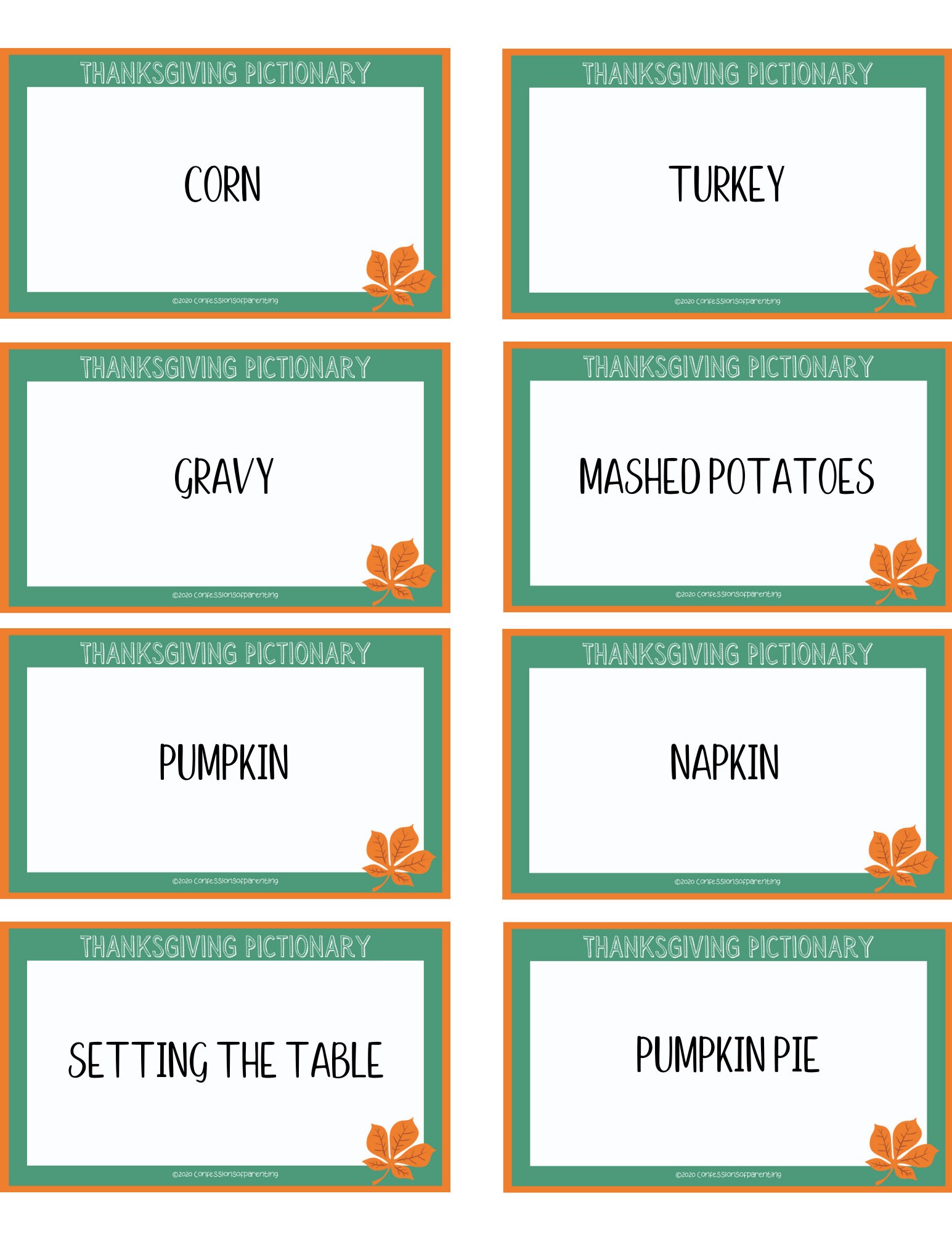 48 Thanksgiving Pictionary | Printable Thanksgiving Pictionary ...