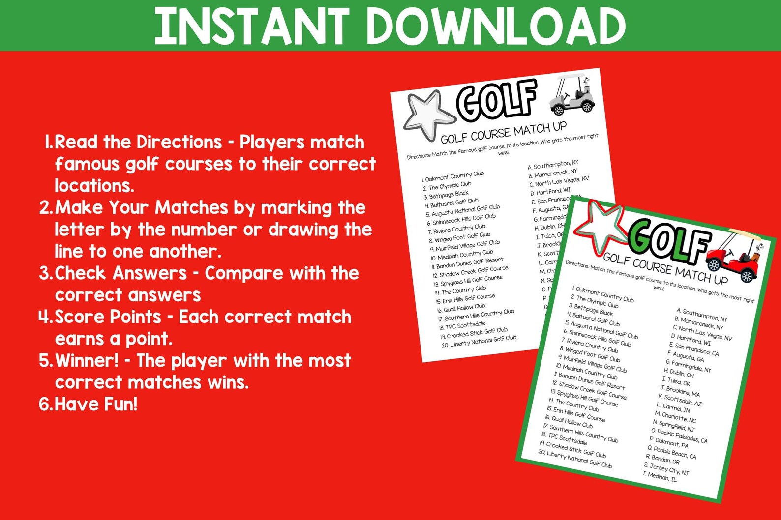 Golf Course Match Up| Printable Golf Party Games| Golf Tournament Games ...
