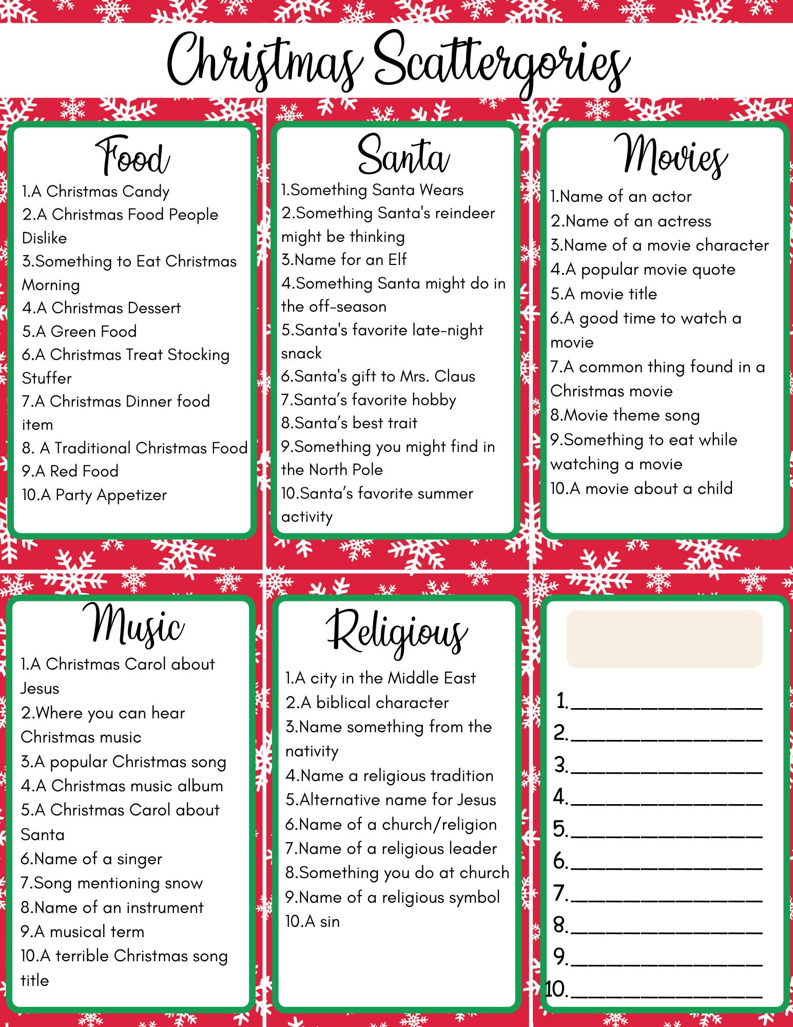 Christmas Scattegories | Printable Christmas Scattergories | Christmas ...