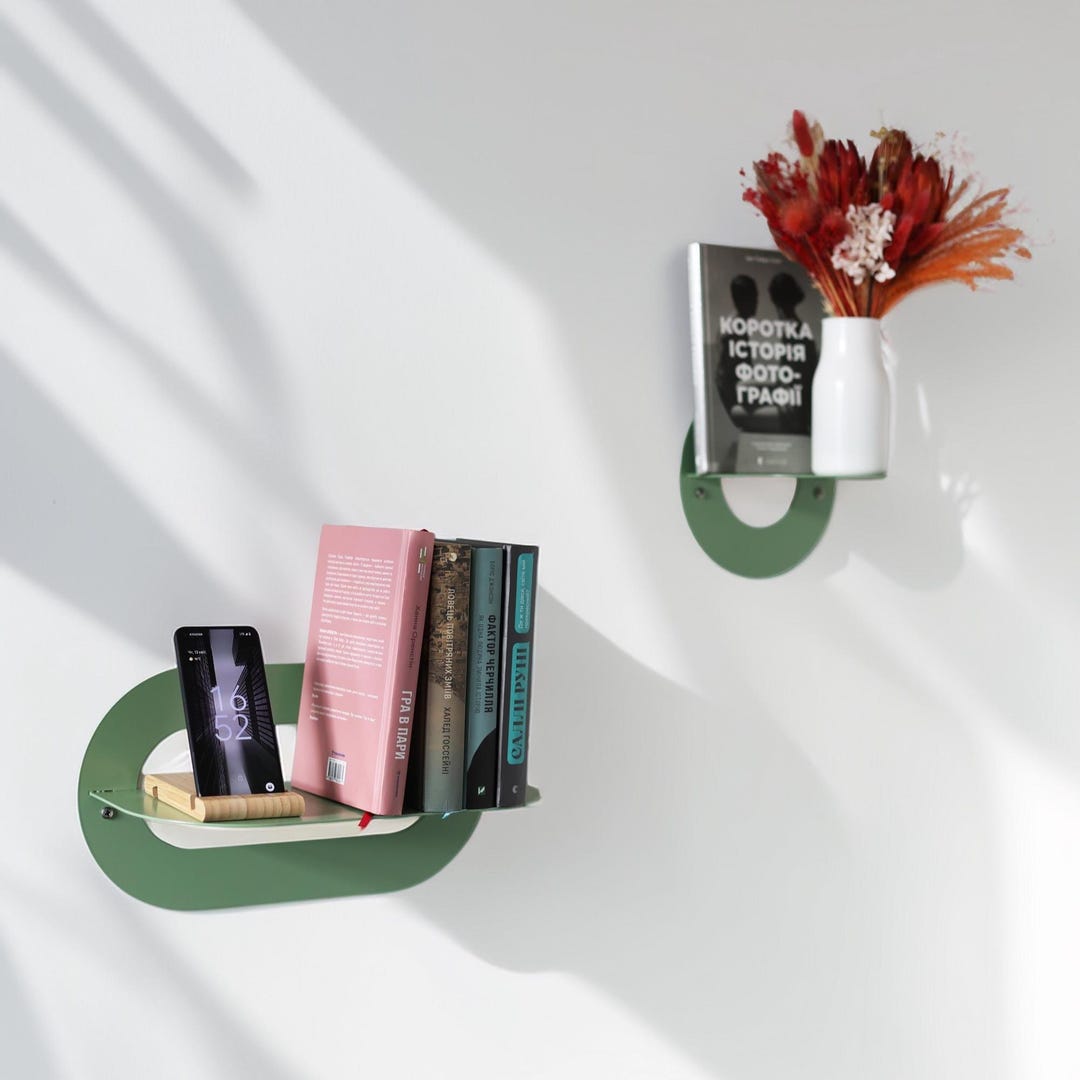 Sage Green Metal Wall Shelves Set of 2, Rounded Floating Bookshelves ...