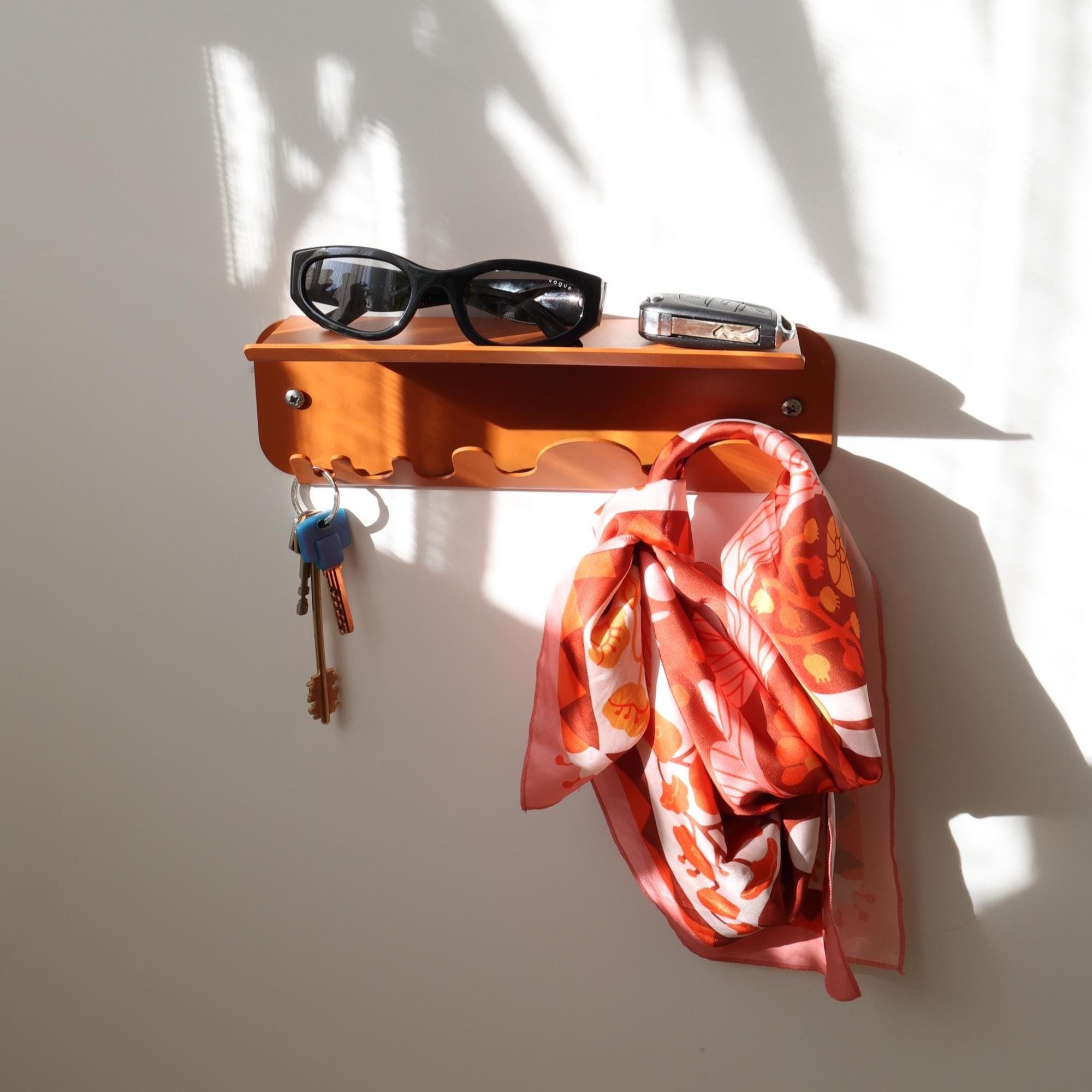 Metal Entryway Shelf With Key Hooks, Matte Orange Metal Key Holder for ...