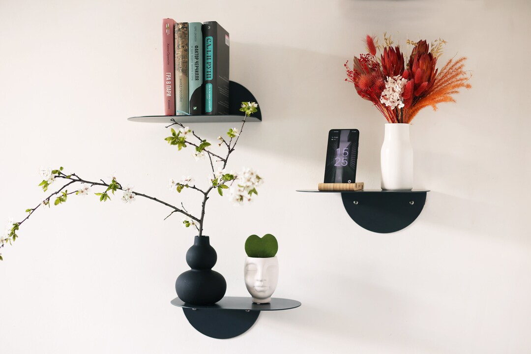 Graphite Floating Wall Shelves Set of 3, Unique Small Metal Shelves ...