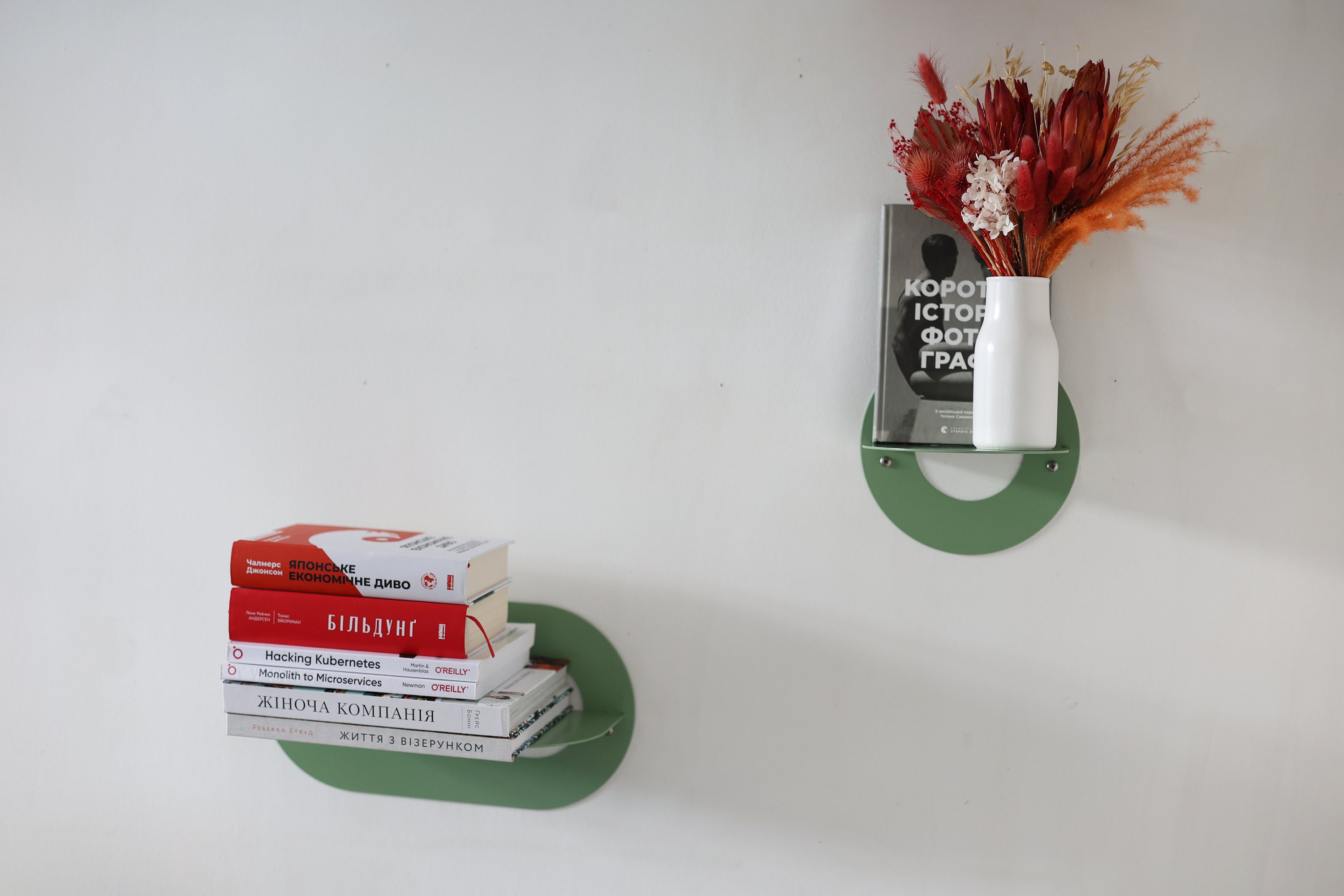 Sage Green Metal Wall Shelves Set of 2, Rounded Floating Bookshelves ...