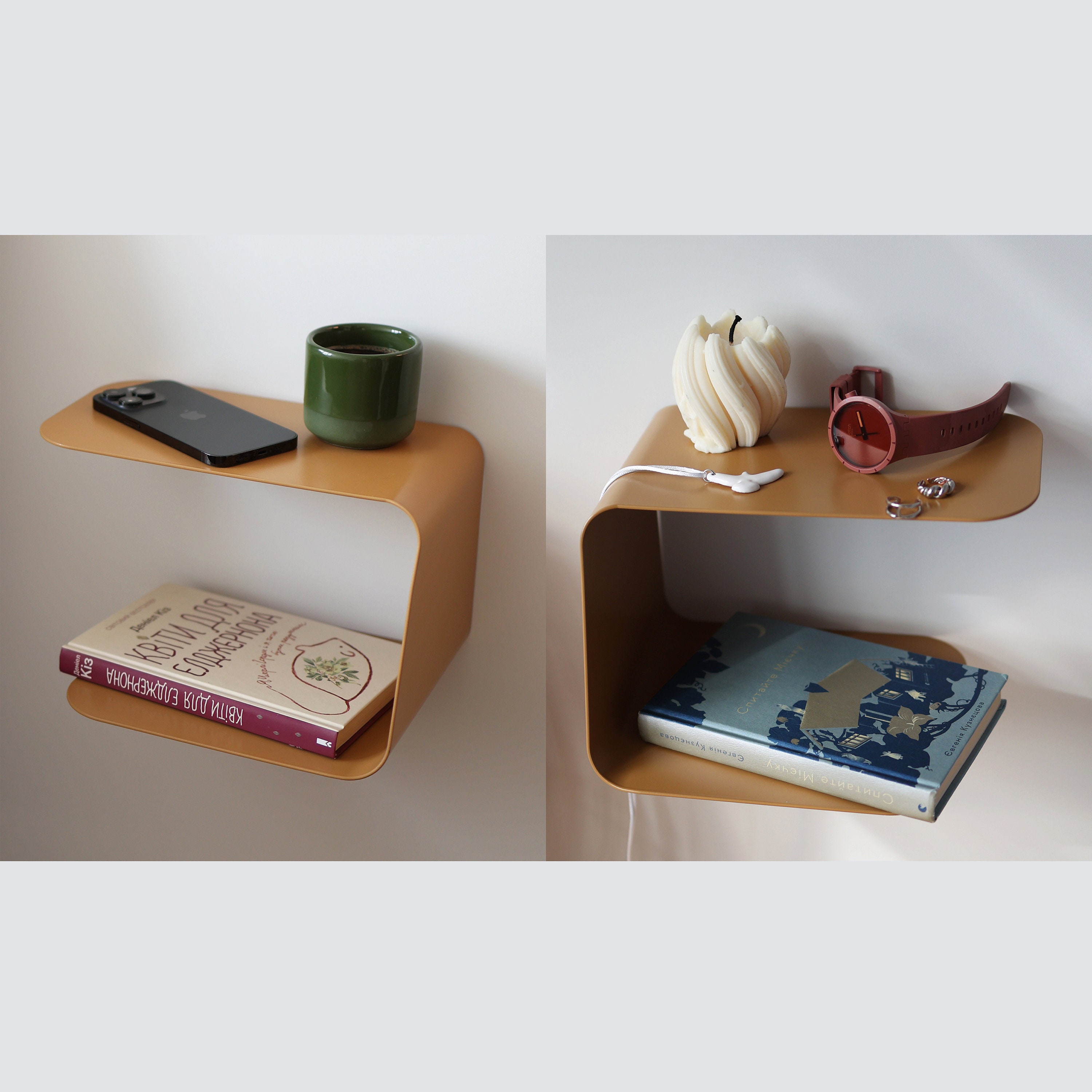 Beige Floating Nightstand Set of 2 WAVE, Left and Right Nightstand Pair ...