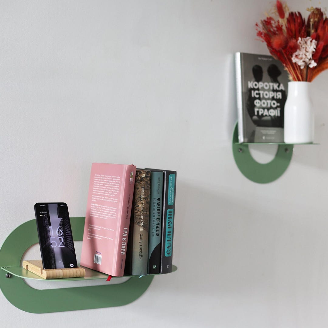 Sage Green Metal Wall Shelves Set of 2, Rounded Floating Bookshelves ...