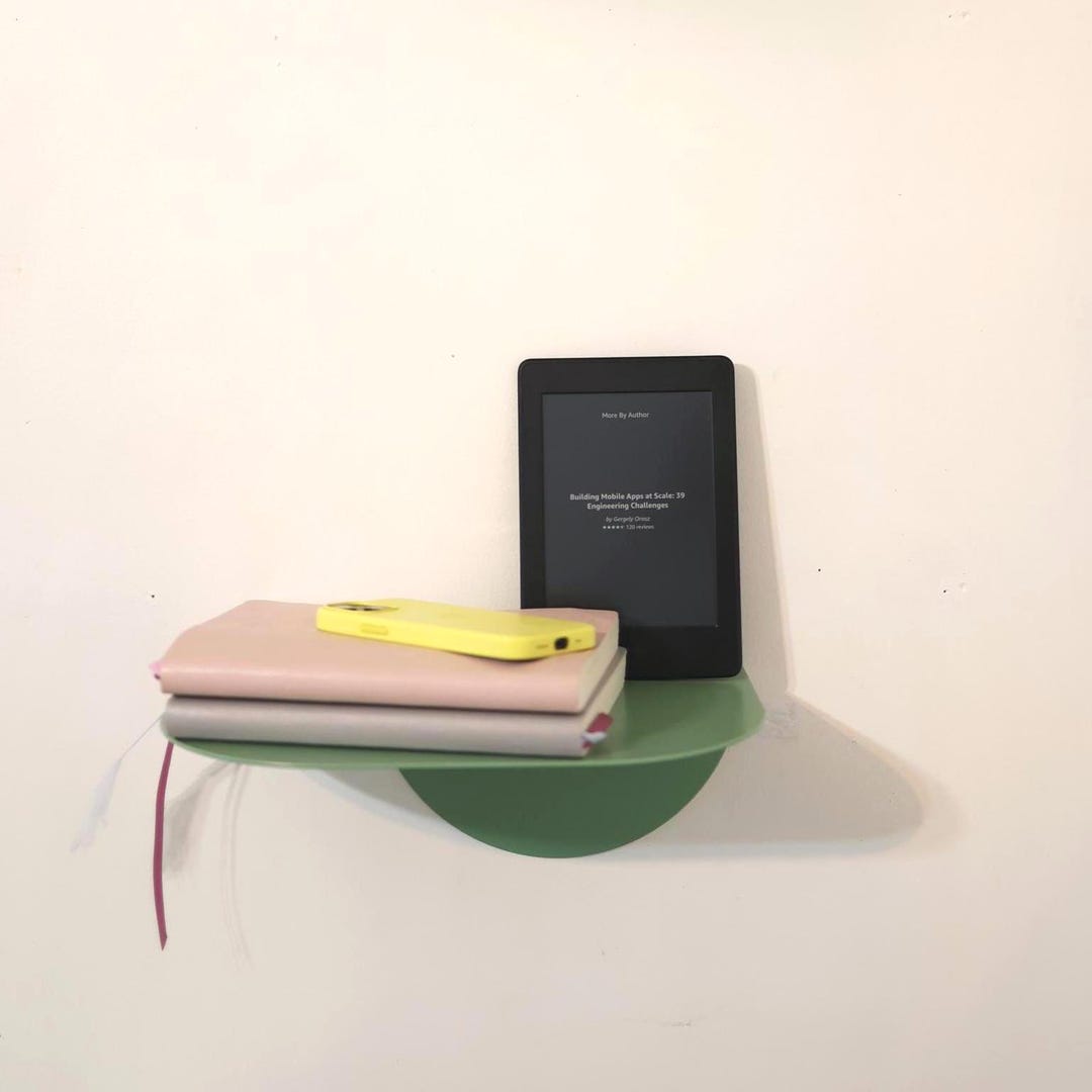 Sage Green Metal Wall Shelf, Minimalistic Floating Bookshelf, Curved ...
