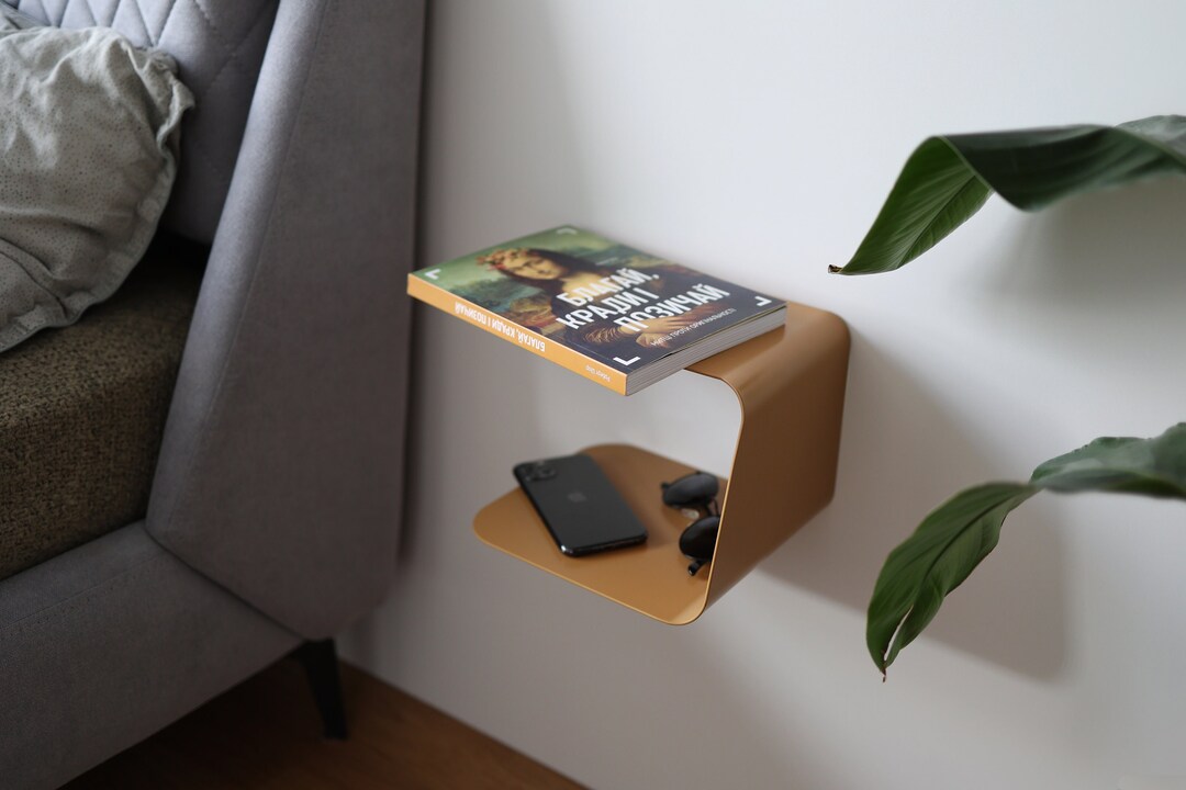 Beige Floating Nightstand WAVE, Minimalistic Metal Wall Shelf, Curved ...