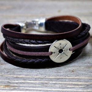 Layered Leather Silver Compass Bracelet With Hook Clasp Closure ...