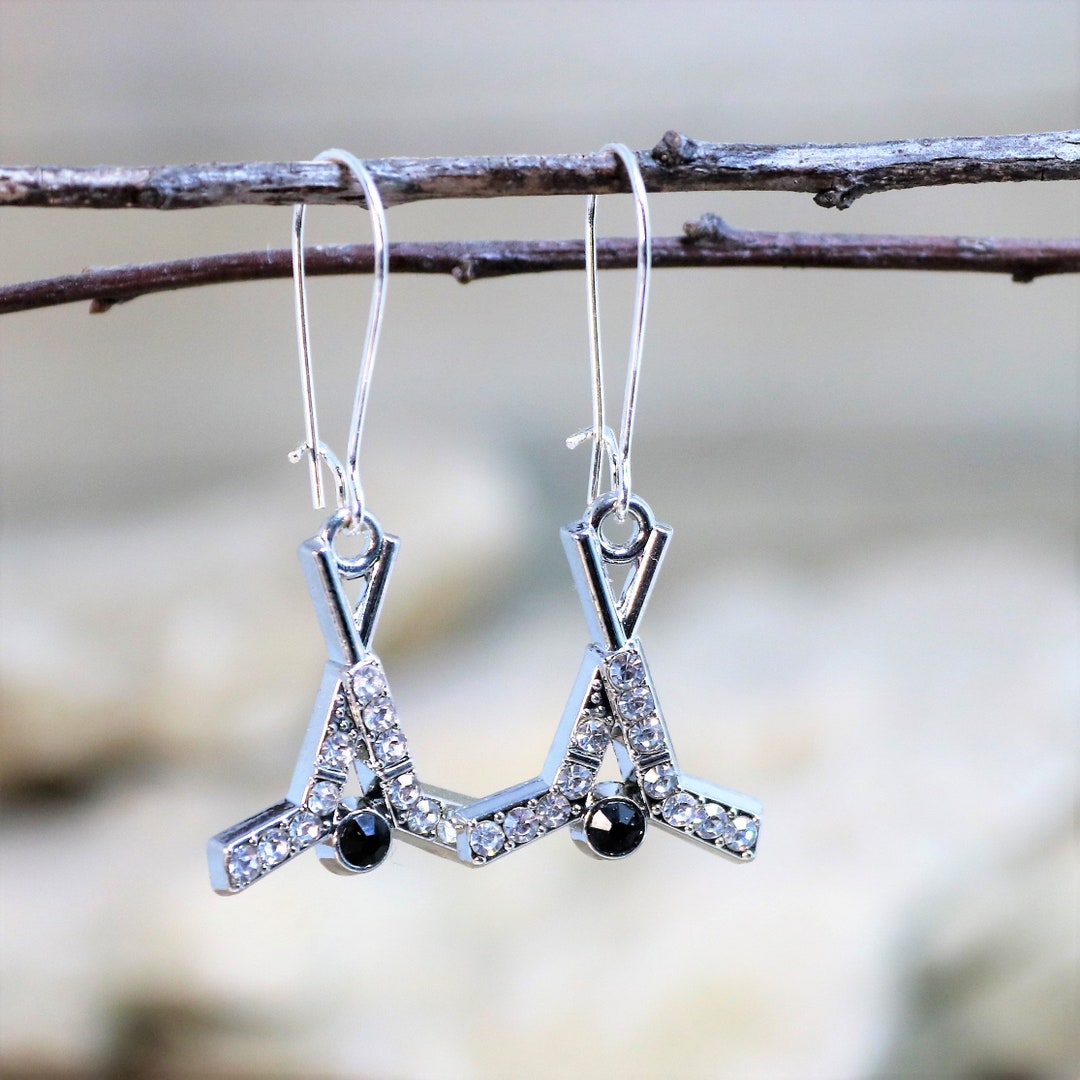 Rhinestone Hockey Stick Earrings: Black Onyx Puck Dangle, Sports ...