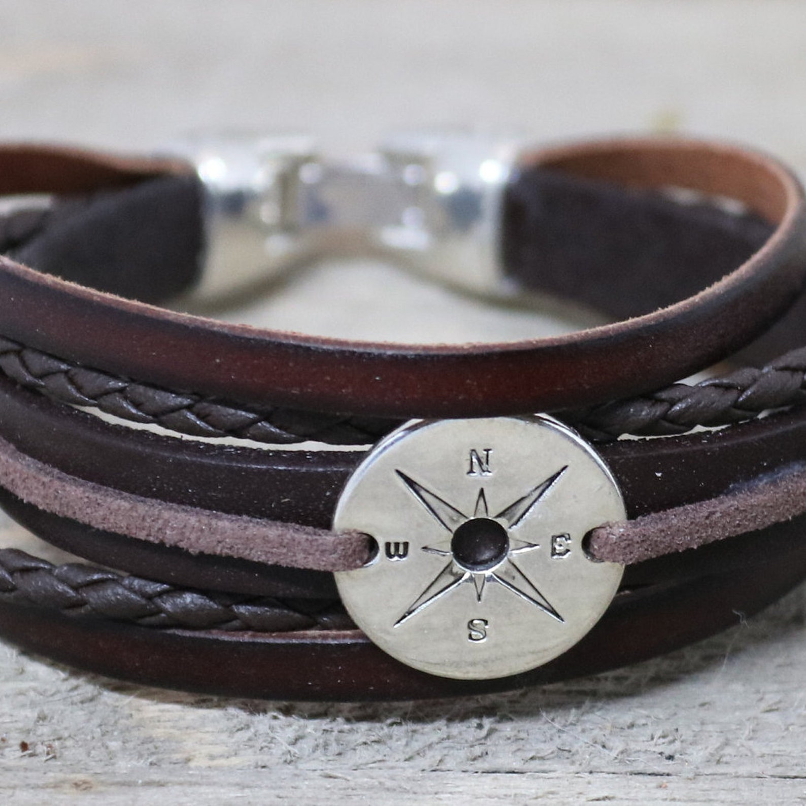 Layered Leather Silver Compass Bracelet With Hook Clasp | Etsy