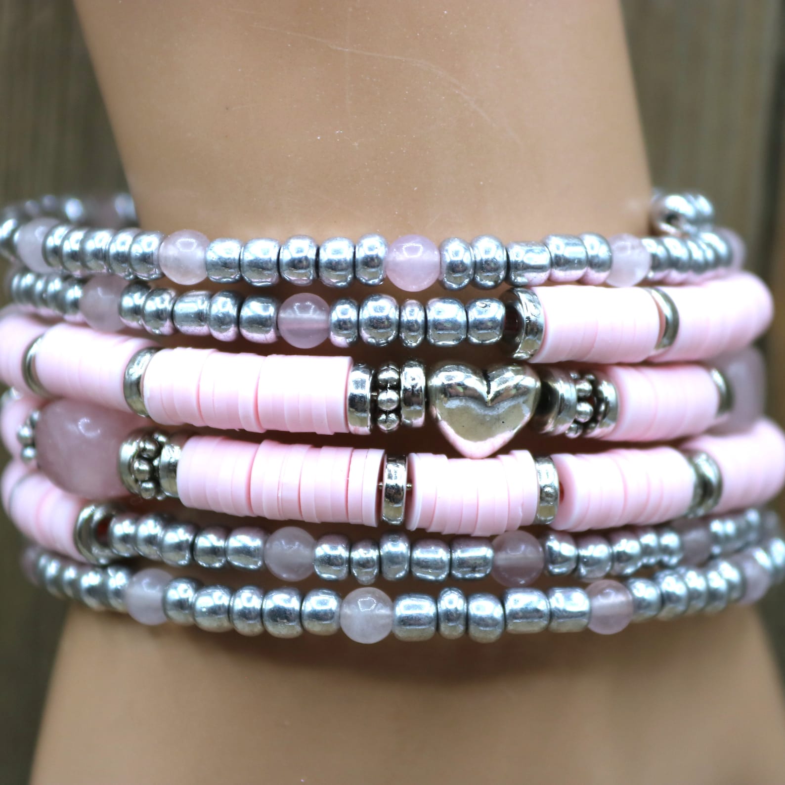 Rose Quartz Heart Stack Love Bracelet Pink and Silver Memory | Etsy