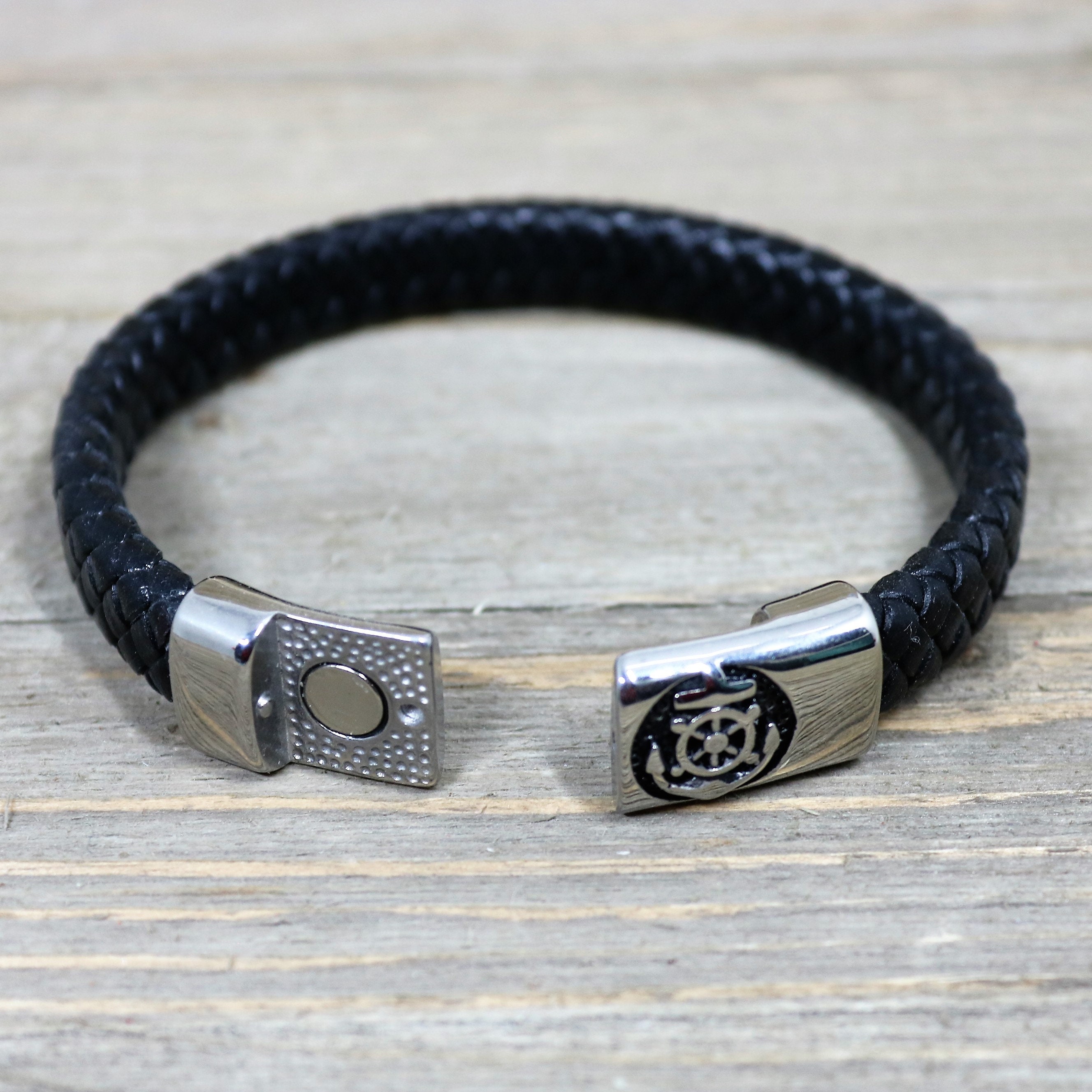 Braided Leather and Magnetic Stainless Steel Anchor Clasp Bracelet ...