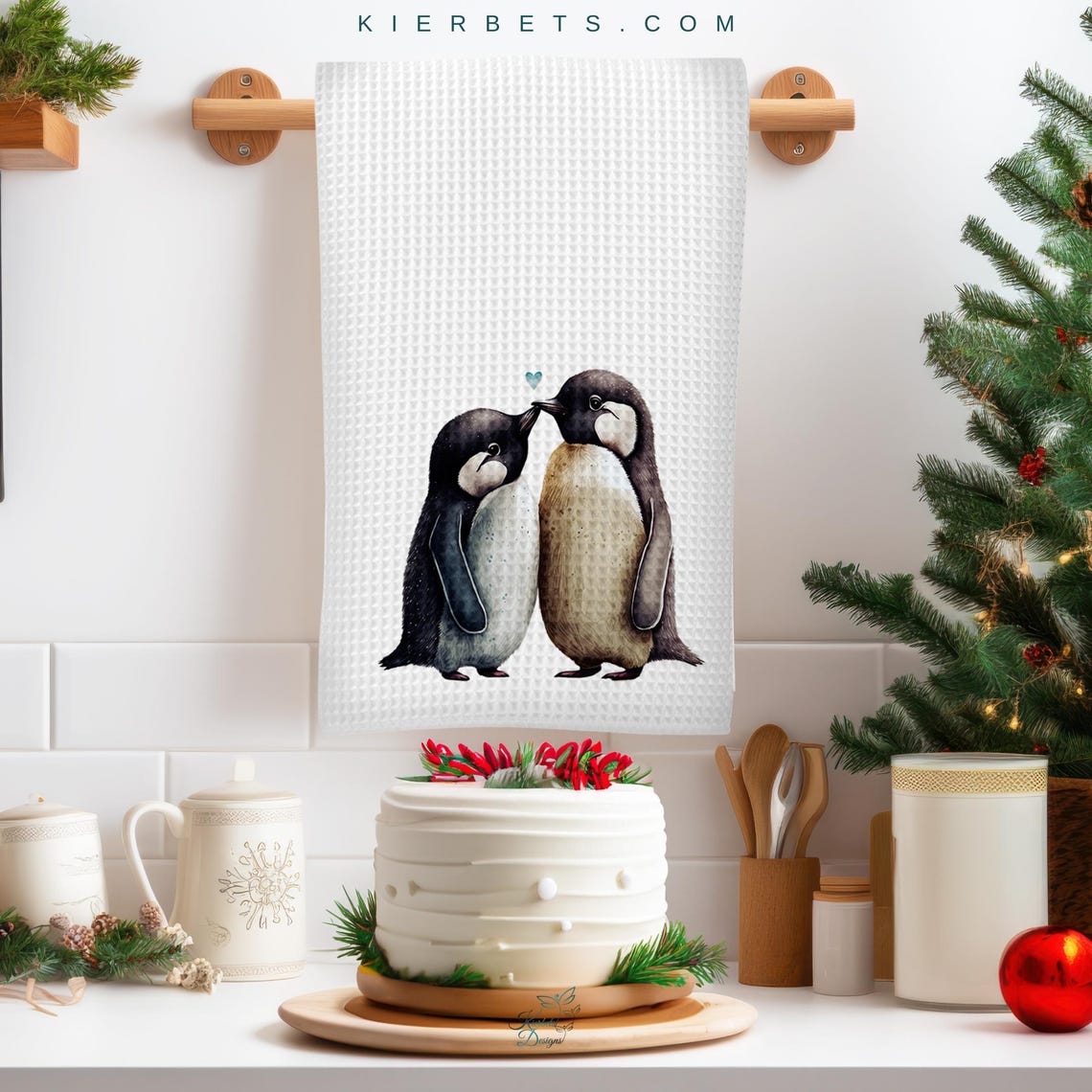 Kissing Penguins Waffle Weave Kitchen Towel Set, Holiday Decor - Etsy