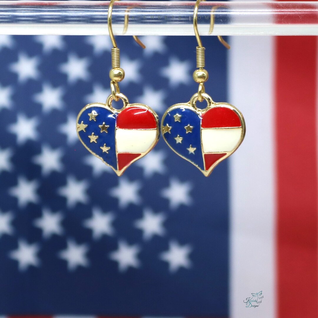 Patriotic Gold Enamel American Flag Hearts With Hypoallergenic Ear ...