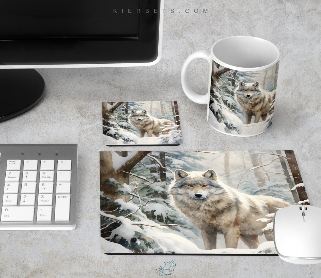 Winter Wolf Desk Set, Snowy Forest Mousepad and Coaster Work Station ...