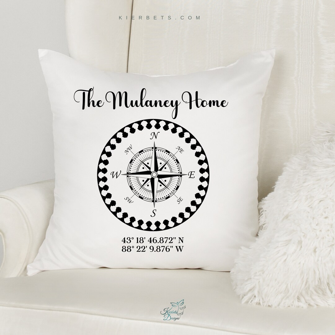 GPS Coordinates Compass Rose Pillow Cover, Personalized Nautical Decor ...