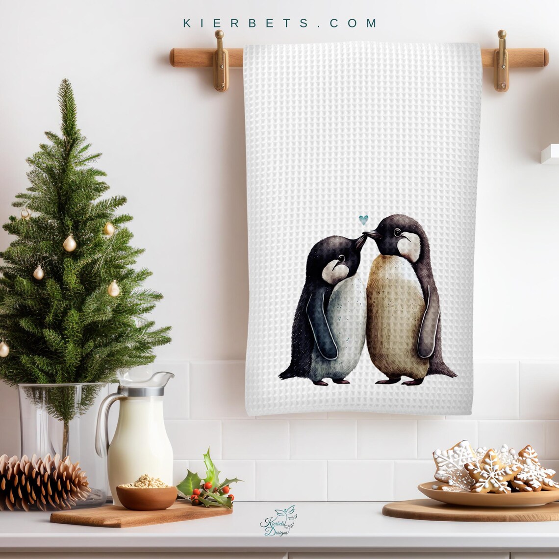 Kissing Penguins Waffle Weave Kitchen Towel Set, Holiday Decor - Etsy