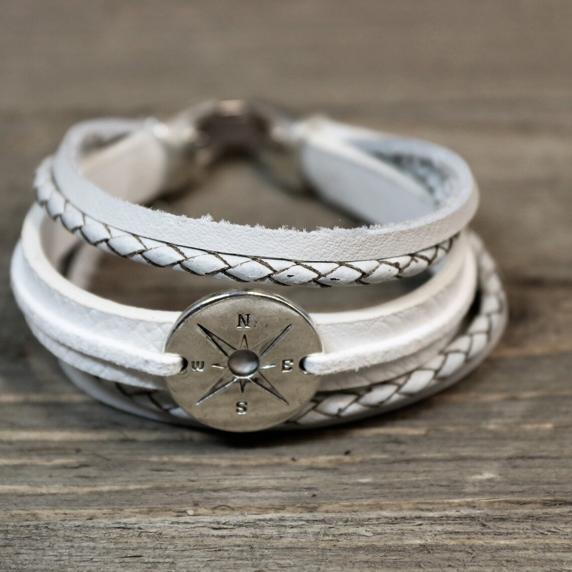 Layered Leather Silver Compass Bracelet With Hook Clasp | Etsy