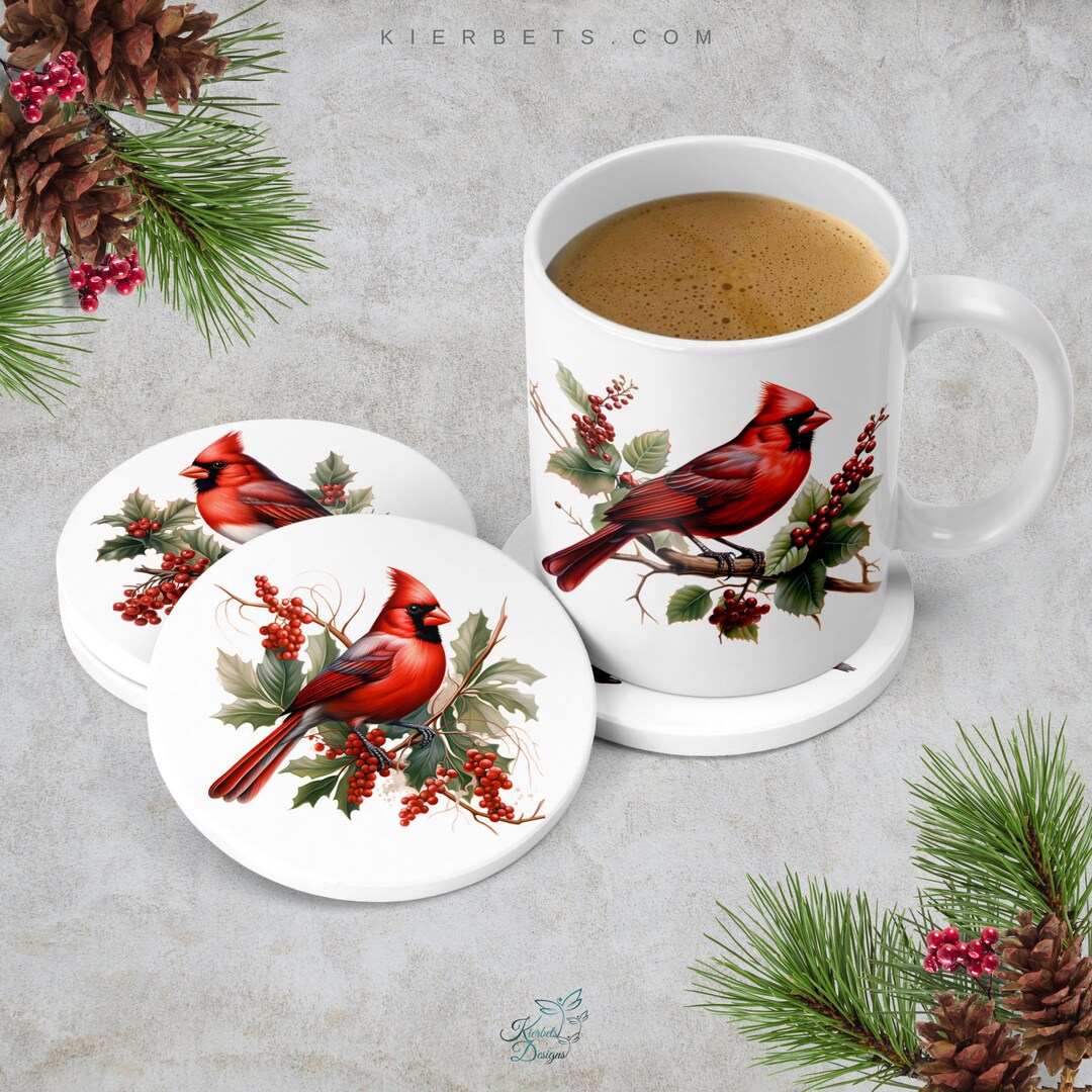 Red Cardinal Holiday Coasters, Round or Square Birds Pines Holly Berry ...