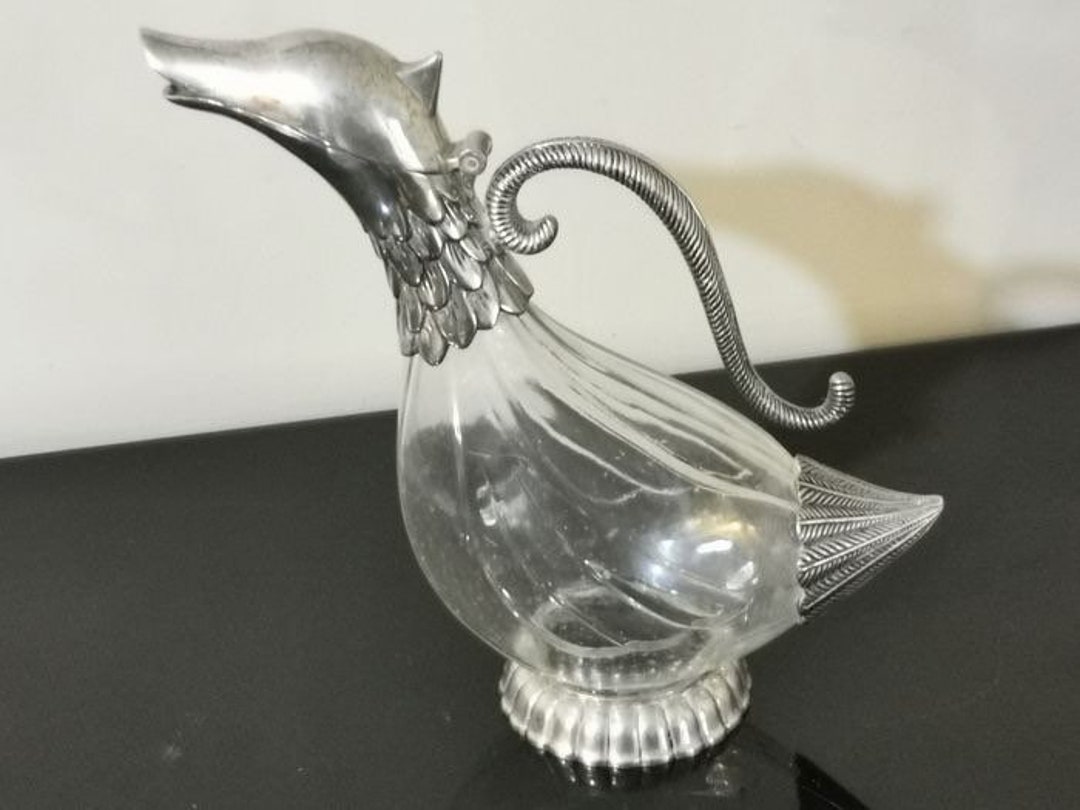Vintage Crystal and Silver Metal Duck Decanter, Vintage Art Deco ...