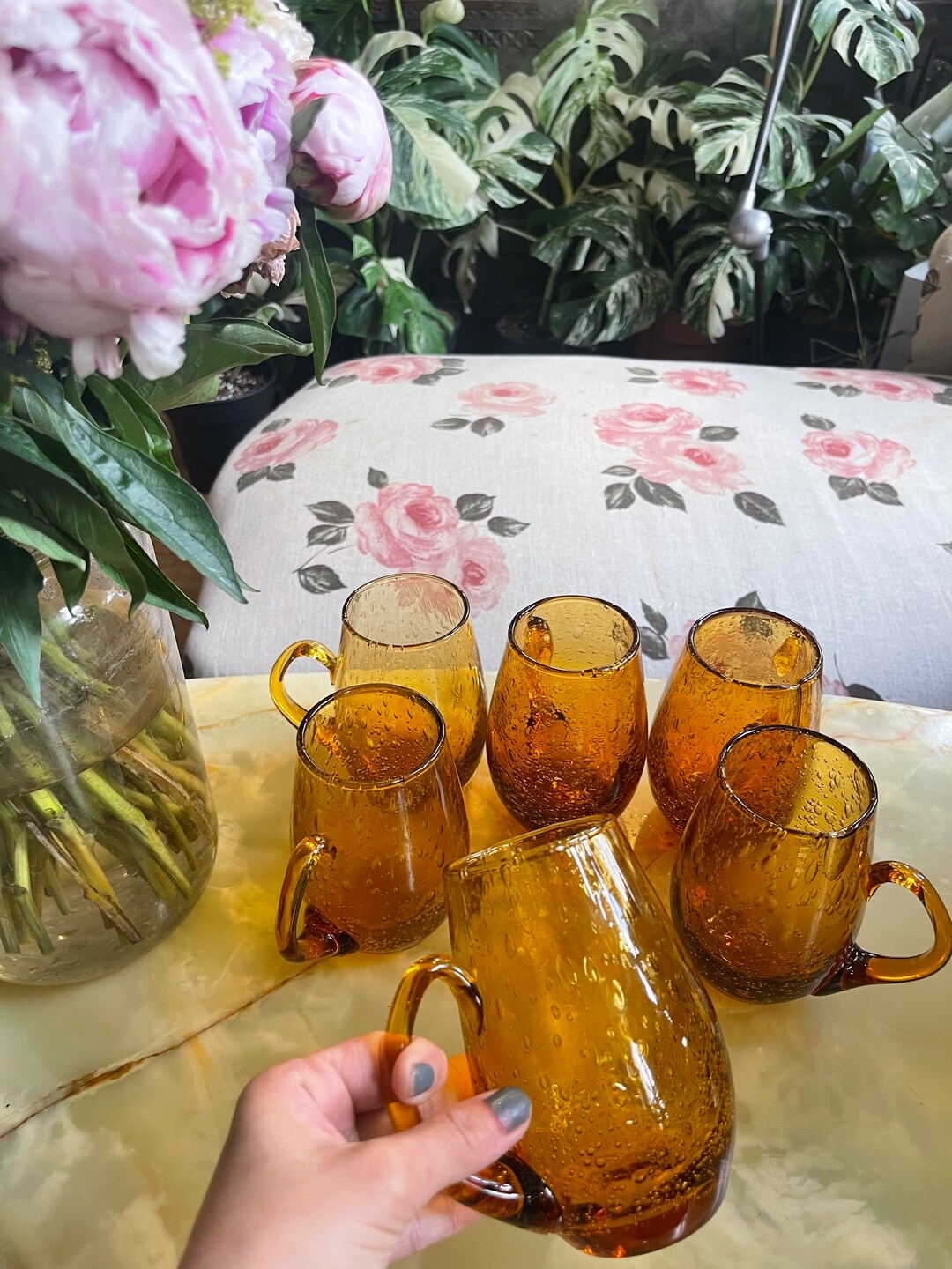 Pack of 5 Ancien BIOT Bubbled Glassware bubble Blown Amber Glass ...