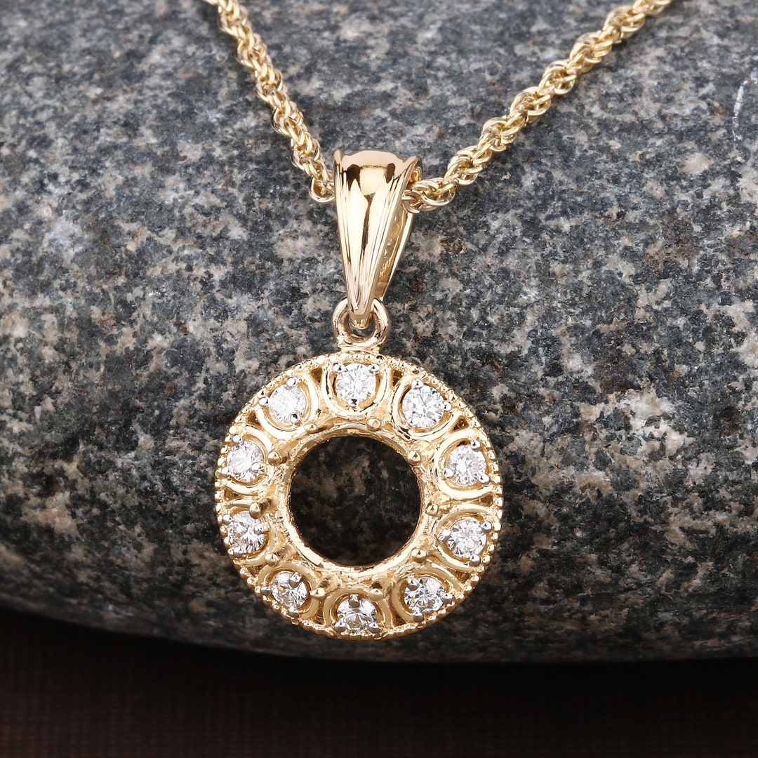 14k Gold Semi Mount Pendant With Natural Diamonds, Customizable Gold ...