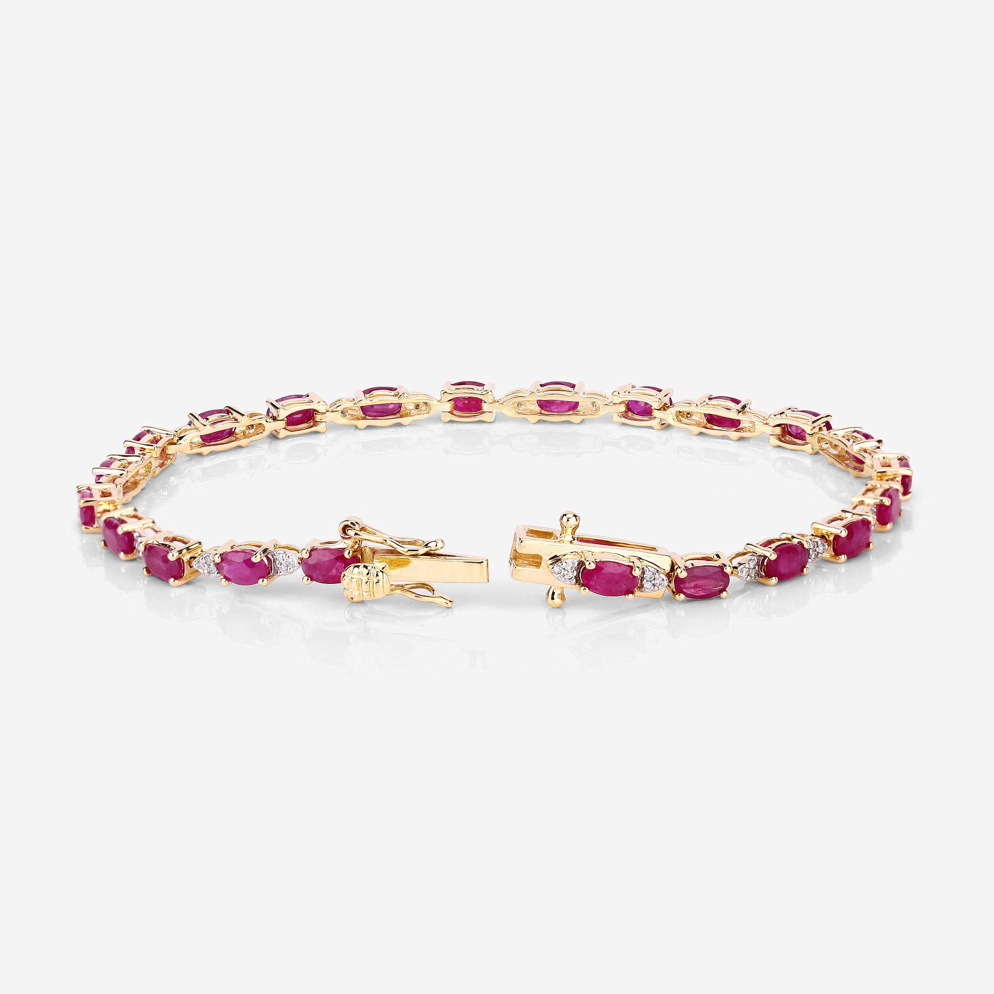 14k Gold Ruby Bracelet, Genuine Ruby Ovals and Diamond Gold Bracelet ...