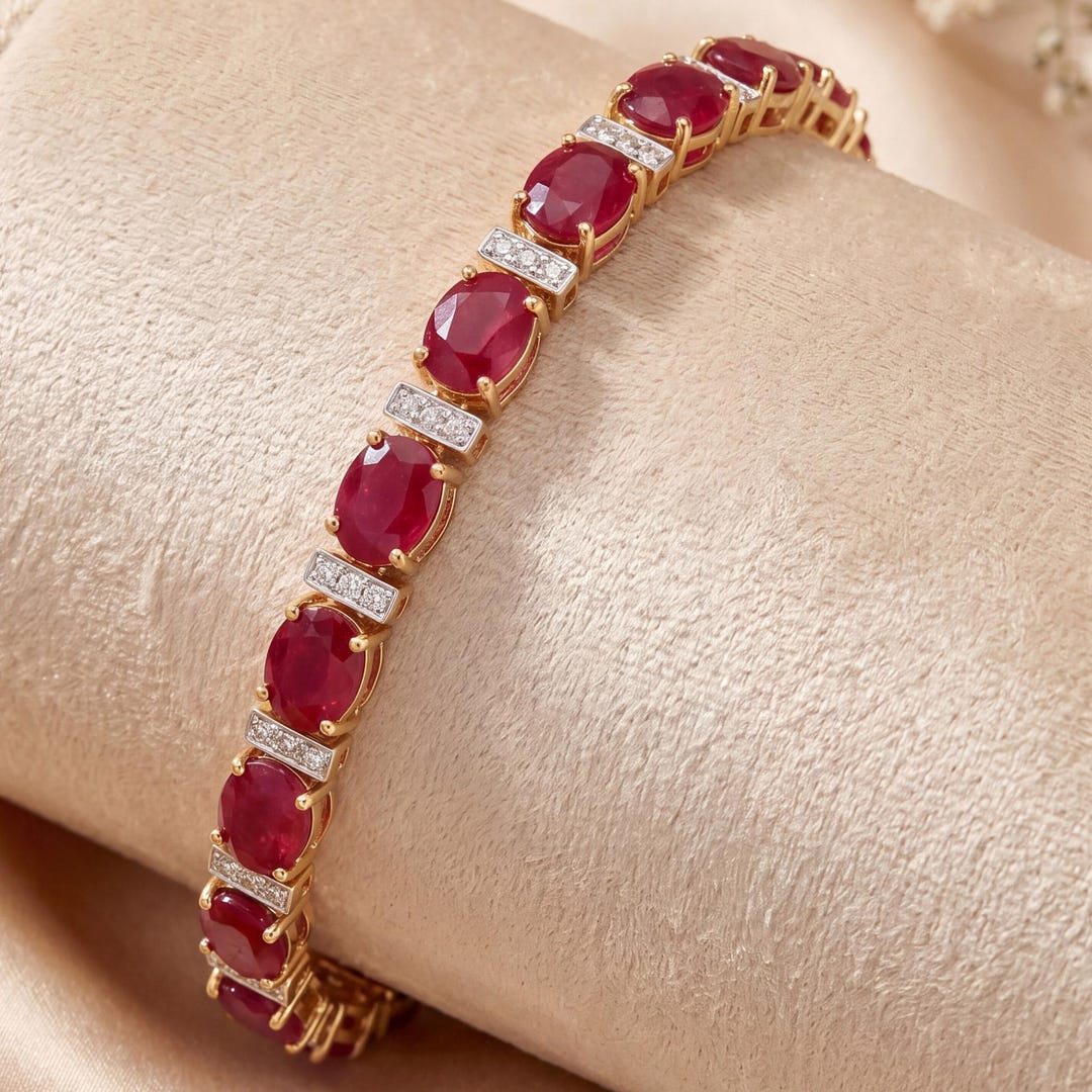 14k Gold Ruby Bracelet, Genuine Ruby Ovals and Diamond Gold Bracelet ...
