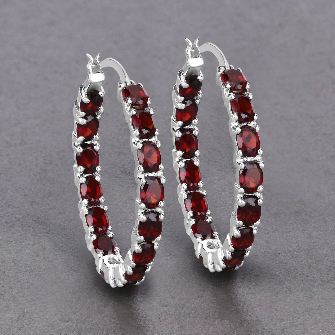 Garnet Earrings, Genuine Garnet Hoop Silver Earrings for Women, Natural Red Gemstone Earrings ...