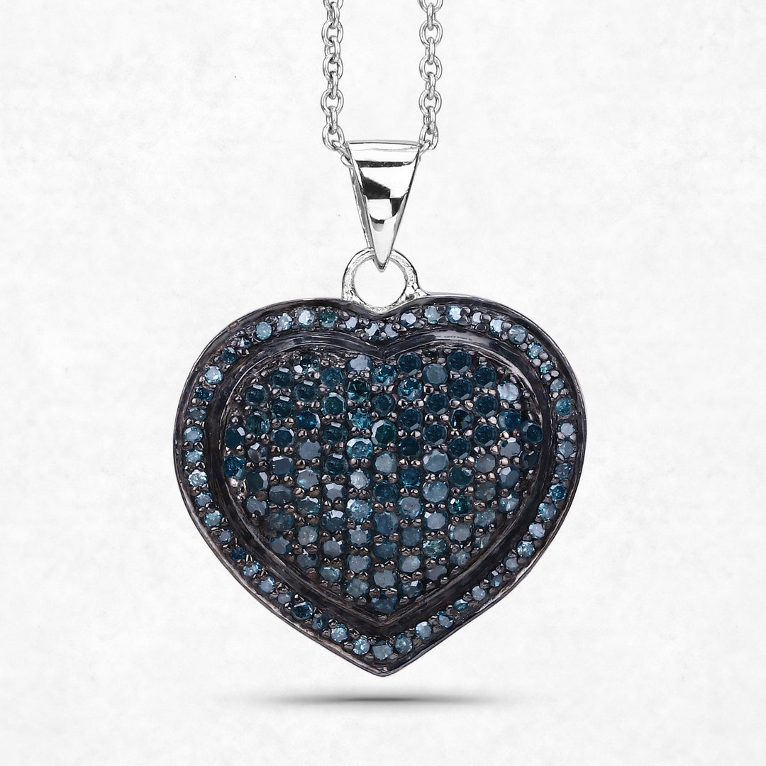 Blue Diamond Pendant, Natural Blue Diamond Cluster Heart Pendant ...