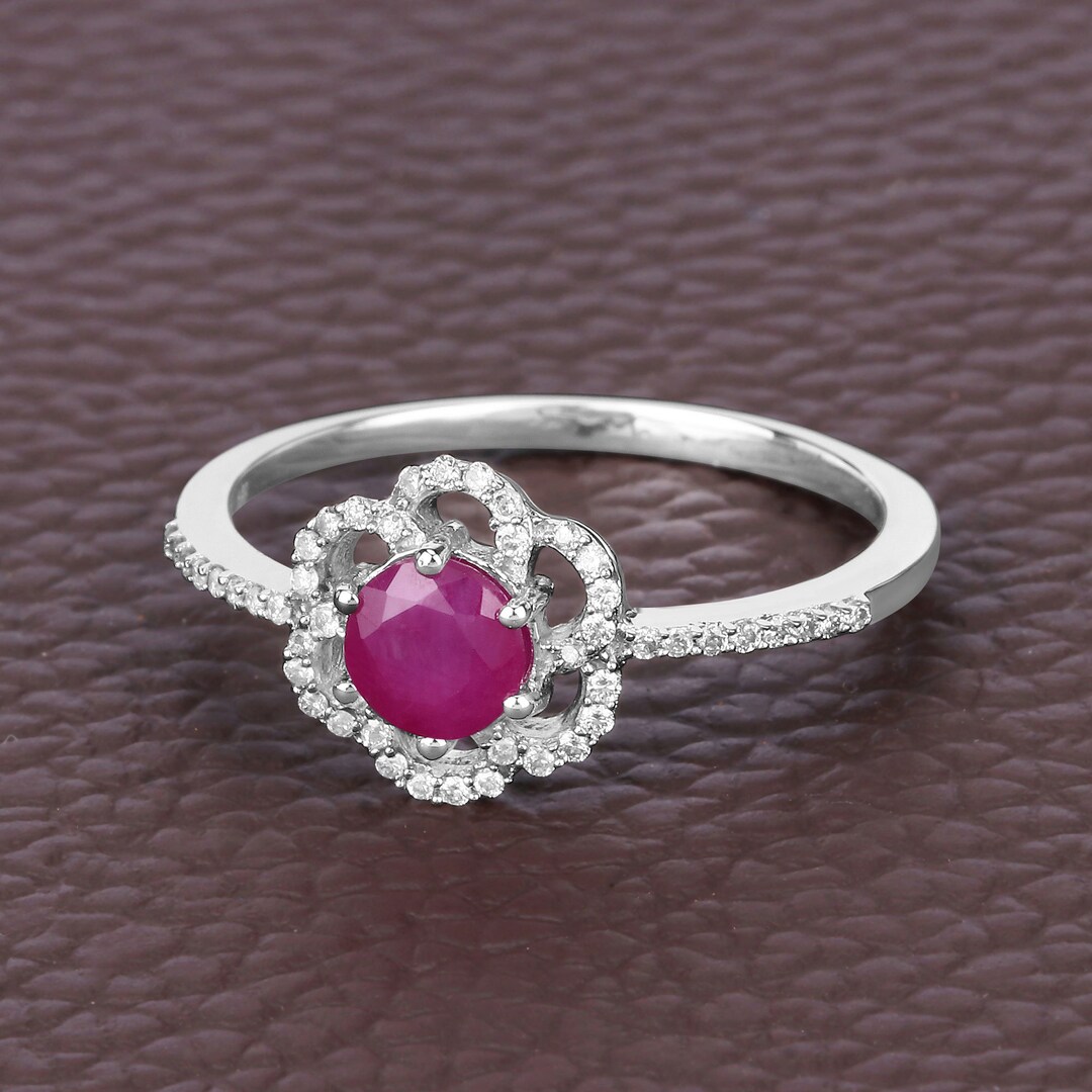 14K Gold Ruby Ring, Natural Ruby and Diamond White Gold Ring ...