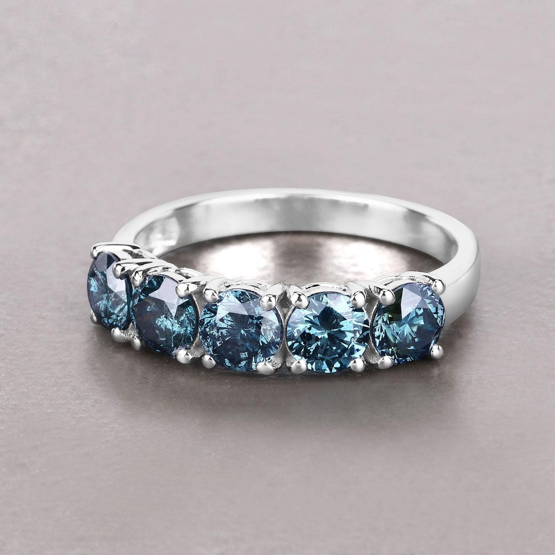 Blue Diamond Ring, 5 Stone Blue Diamond White Gold Ring, White Gold ...